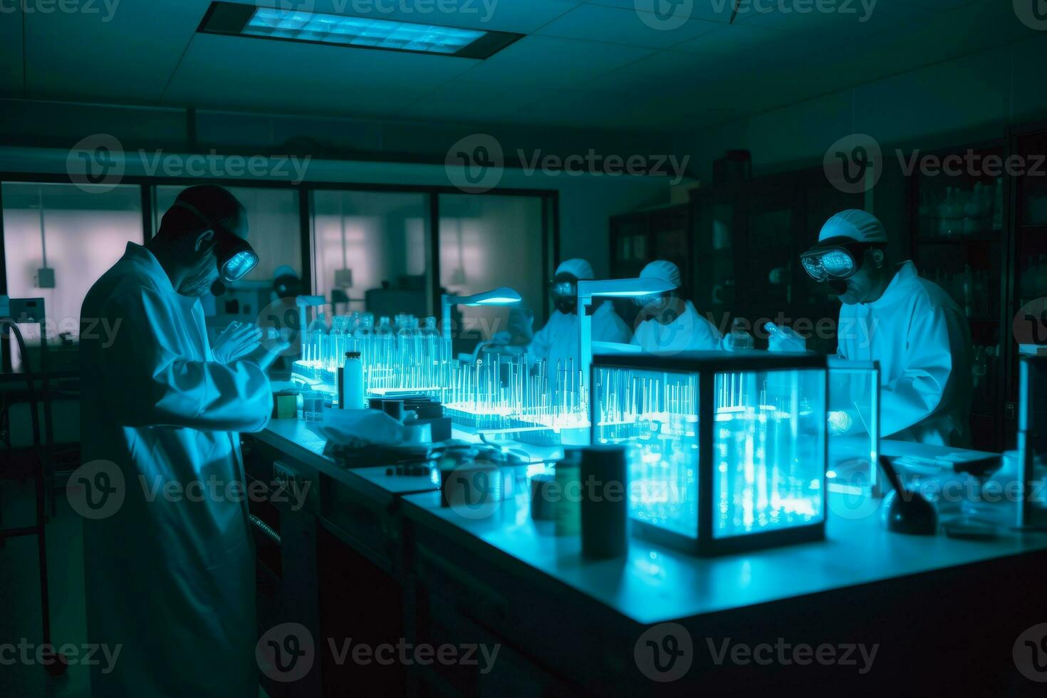 Laboratory with rows of scientists in protective gear conducting ...
