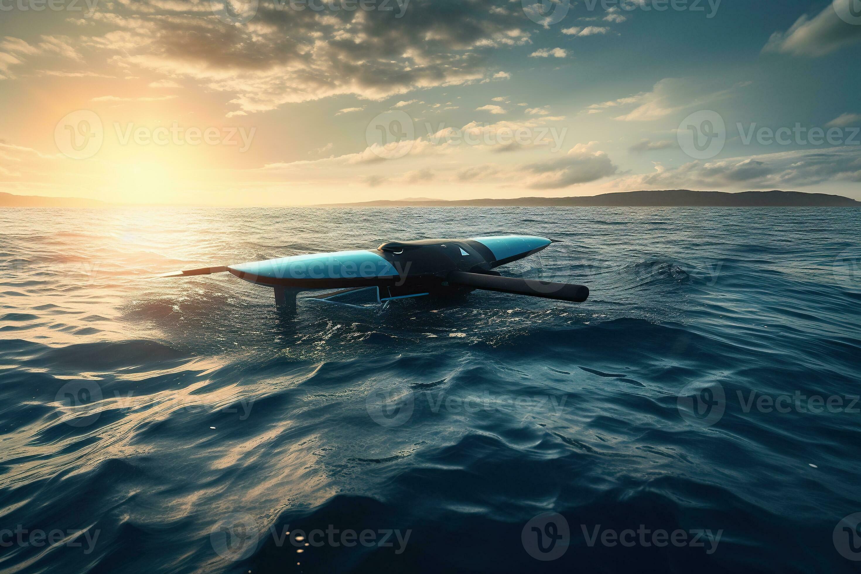 An autonomous ocean cleanup drone skimming the surface of the water ...