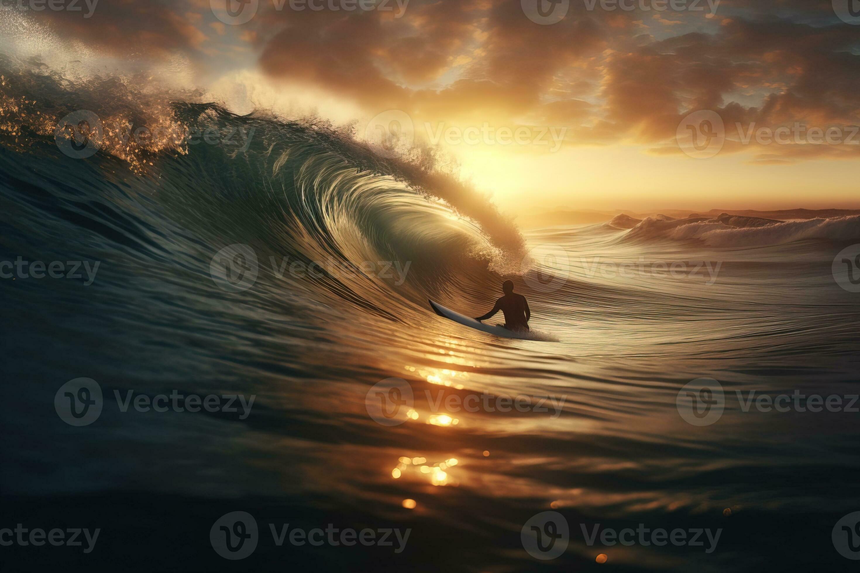 Professional surf boarder riding epic big tube wave at sunset ...