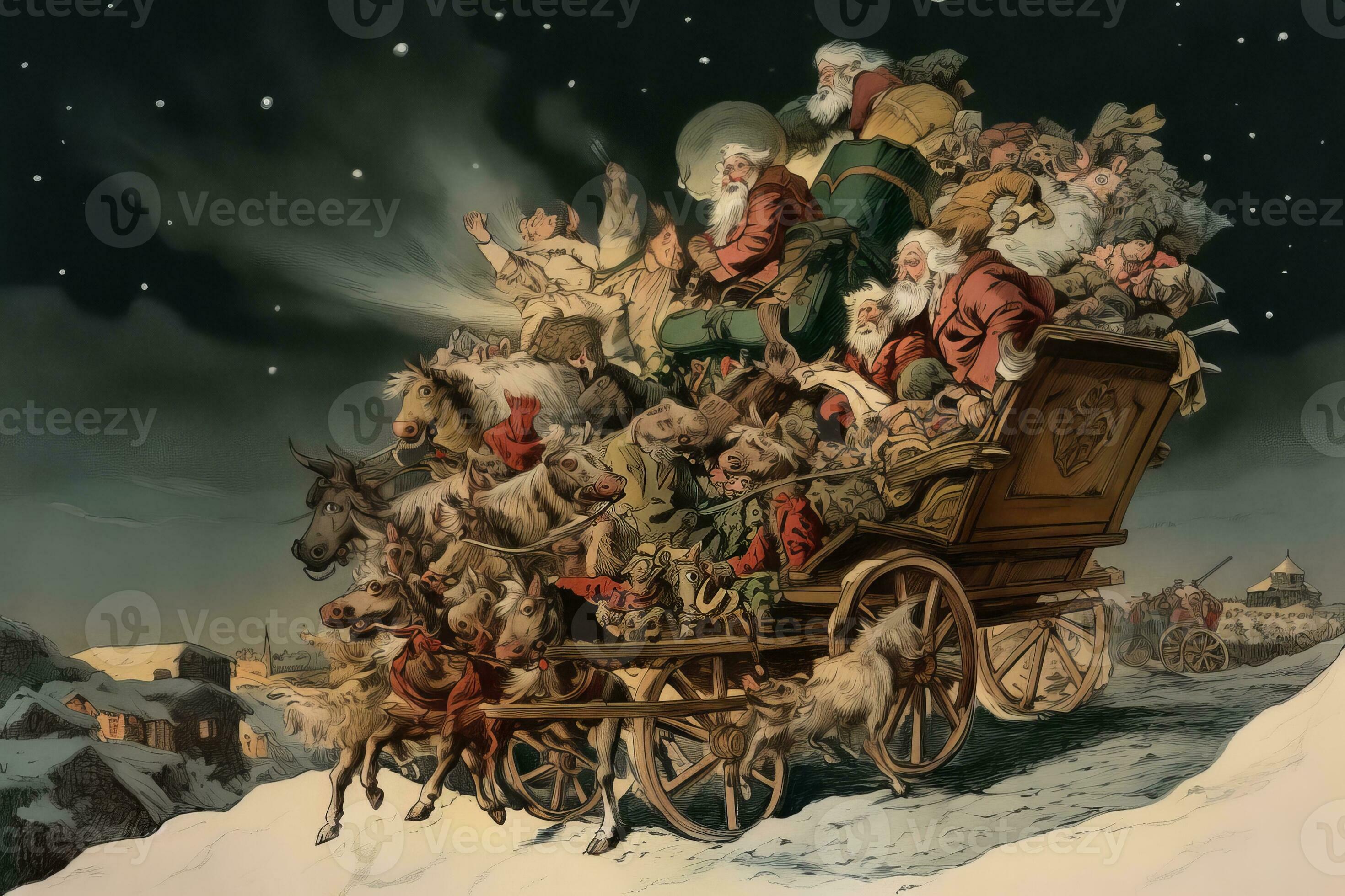 Santa's sleigh being loaded up under the midnight sky, elves hefting ...