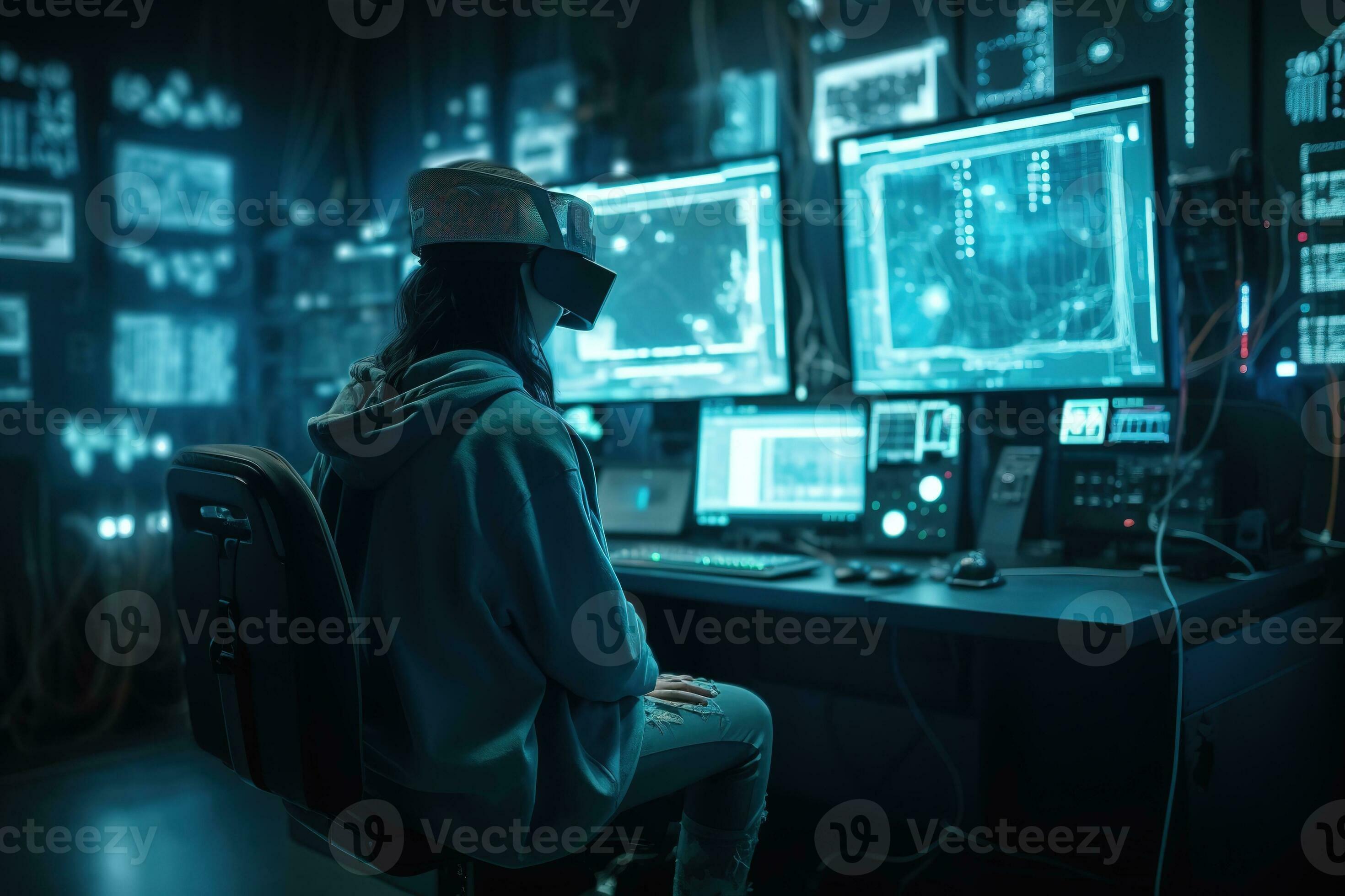 Back view of hacker in server room. Concept data security. Generative ...