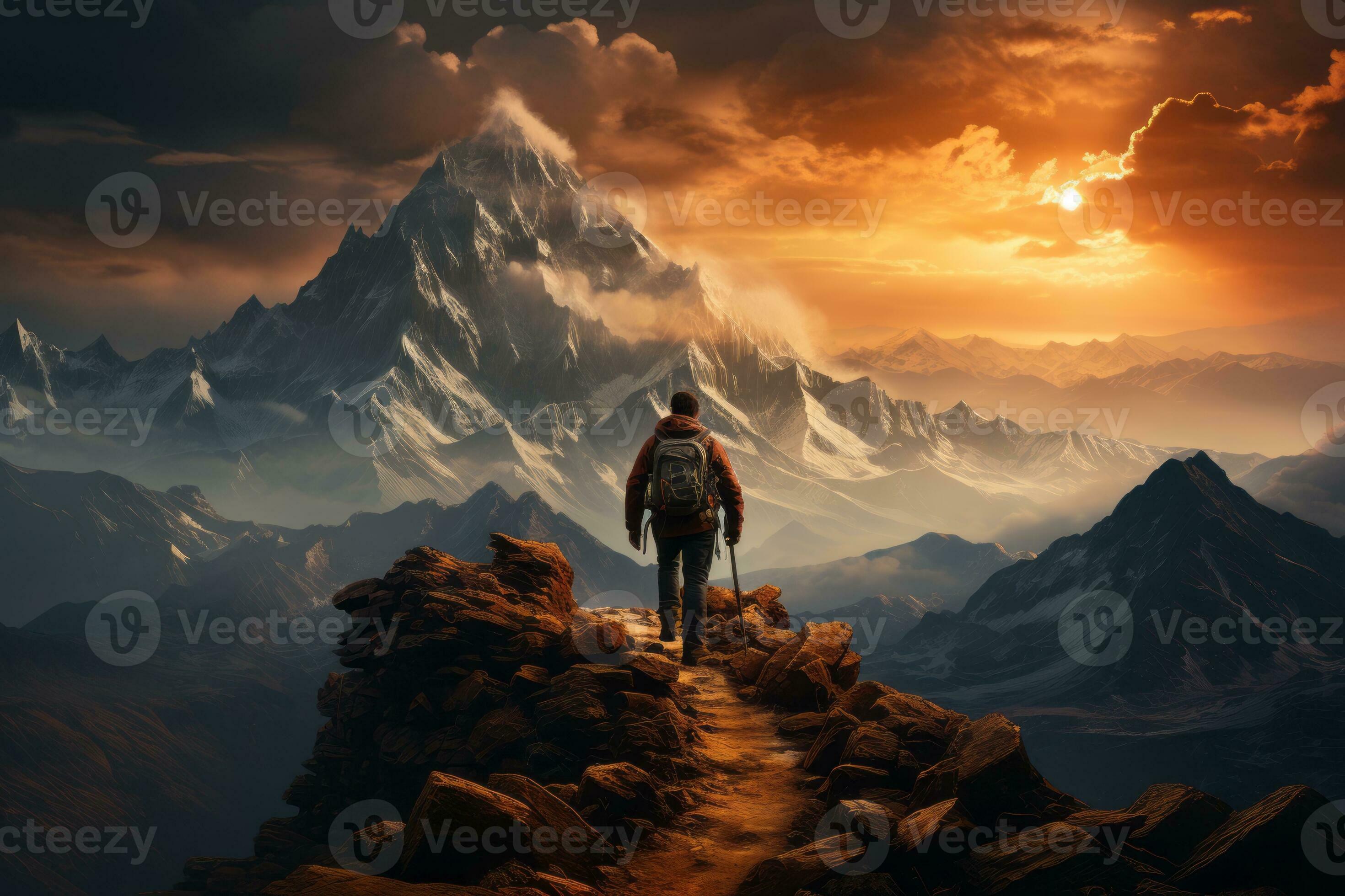 A determined hiker ascending a challenging mountain peak, symbolizing ...