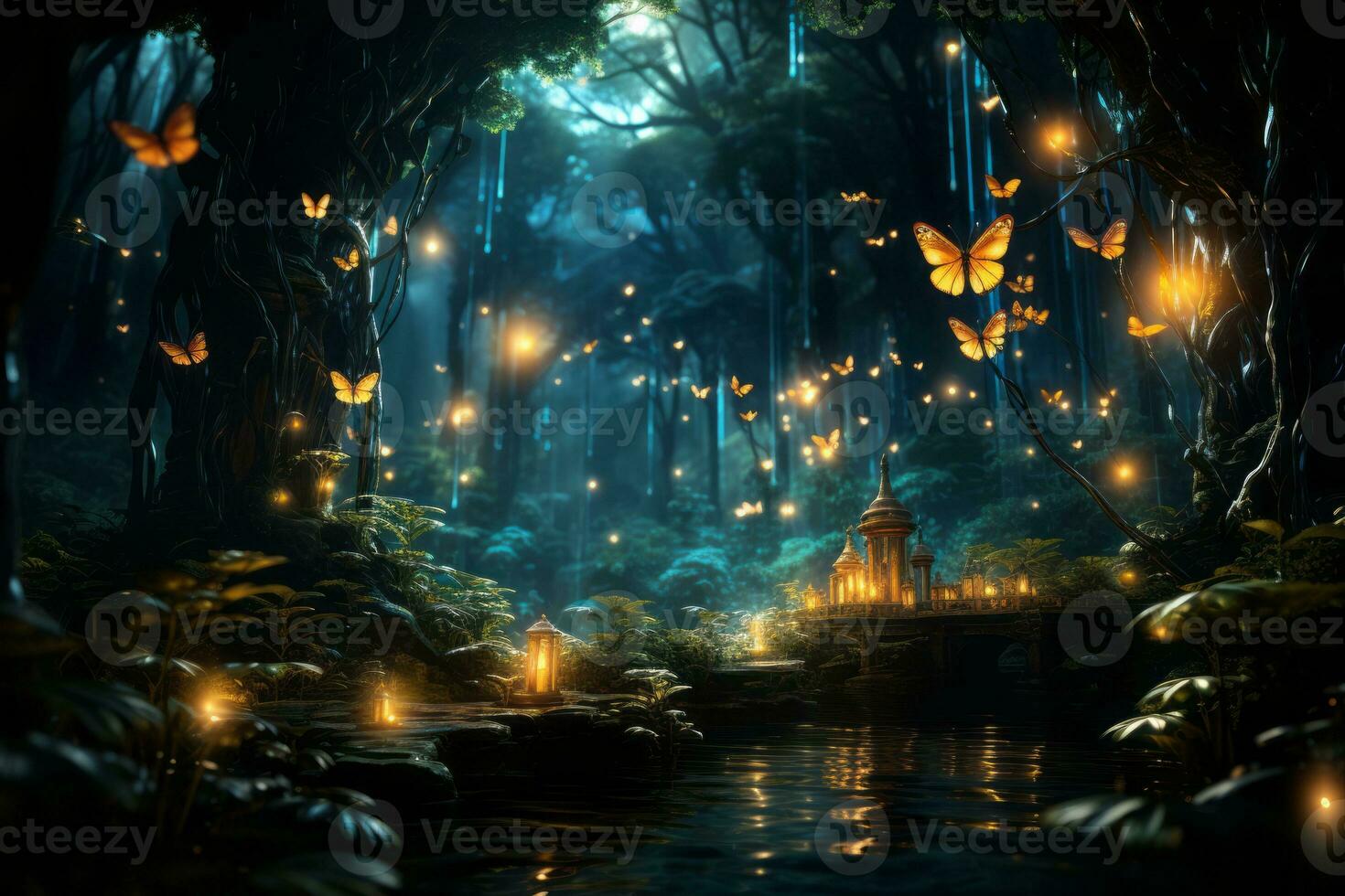 Illustration of a lush forest landscape with a layer overlay of glowing fireflies, capturing the ...