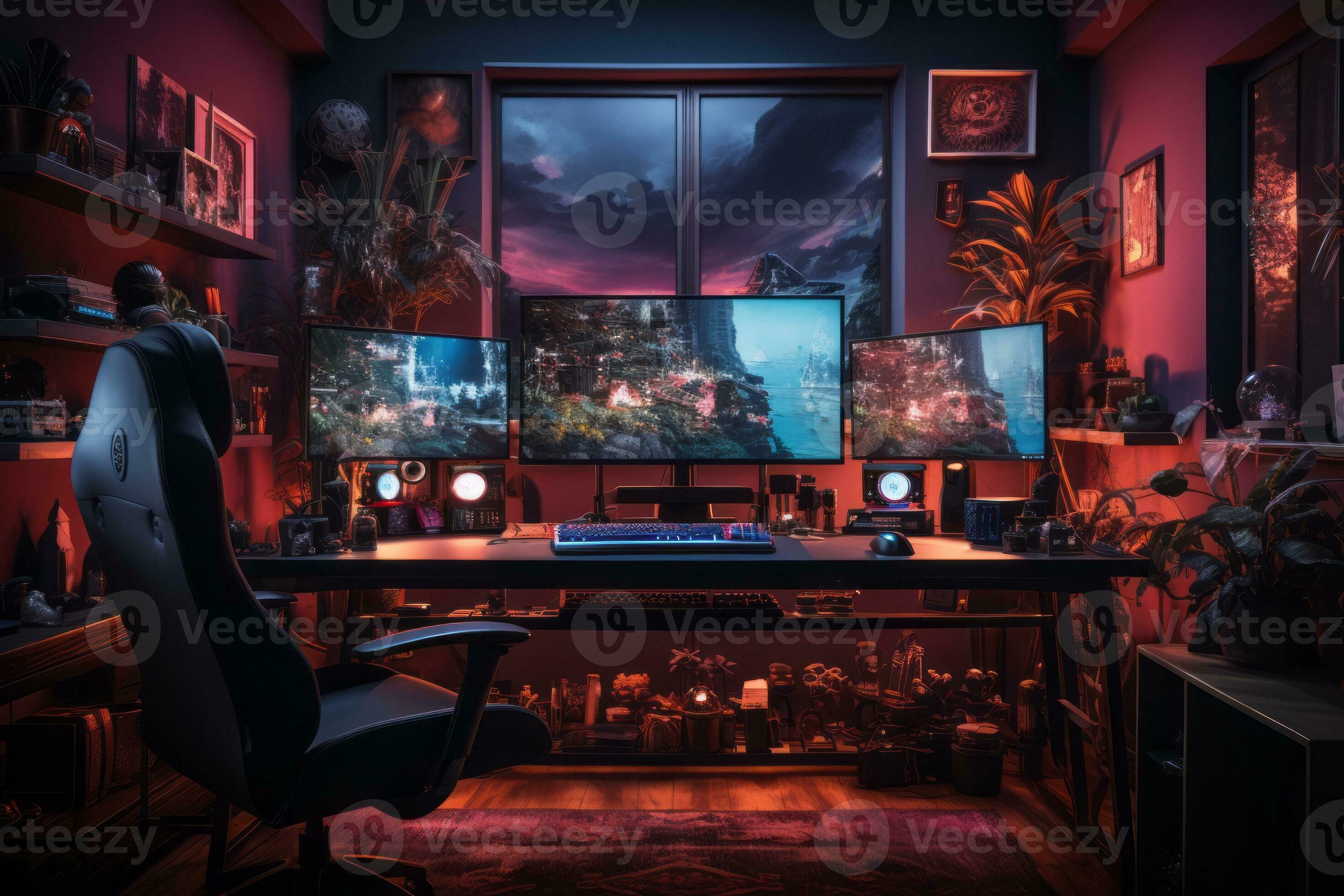 A sleek and modern gaming setup with a high-end PC, ultra-wide monitor, RGB lighting, and ...
