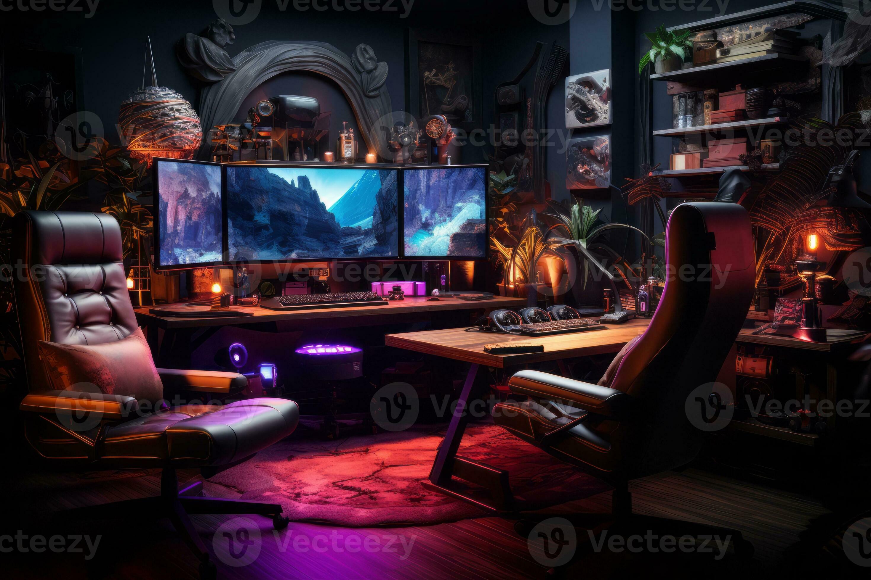A sleek and modern gaming setup with a high-end PC, ultra-wide monitor, RGB lighting, and ...