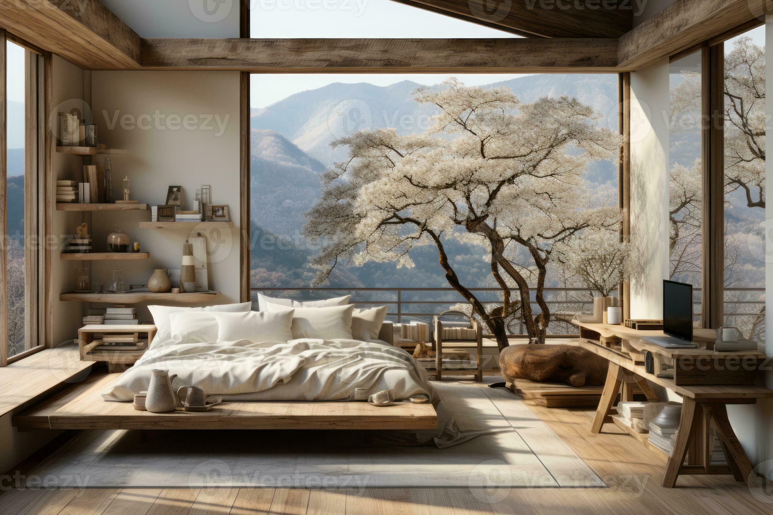 A tranquil Zen-inspired bedroom with a minimalist design, Zen decor elements, and soft, natural ...