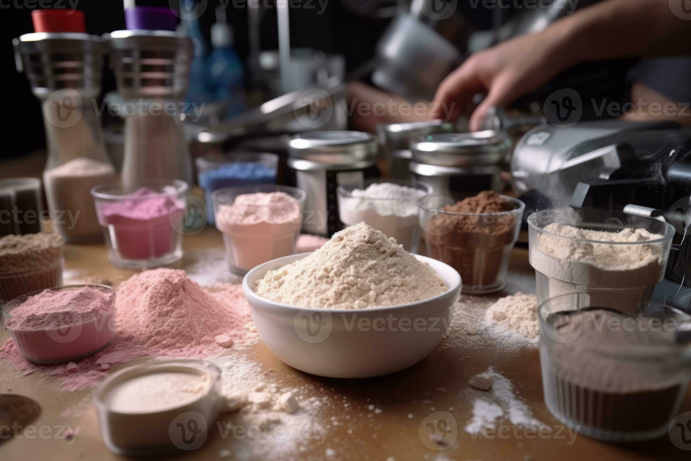 Raw ingredients being processed and transformed into high-quality protein powders, highlighting ...