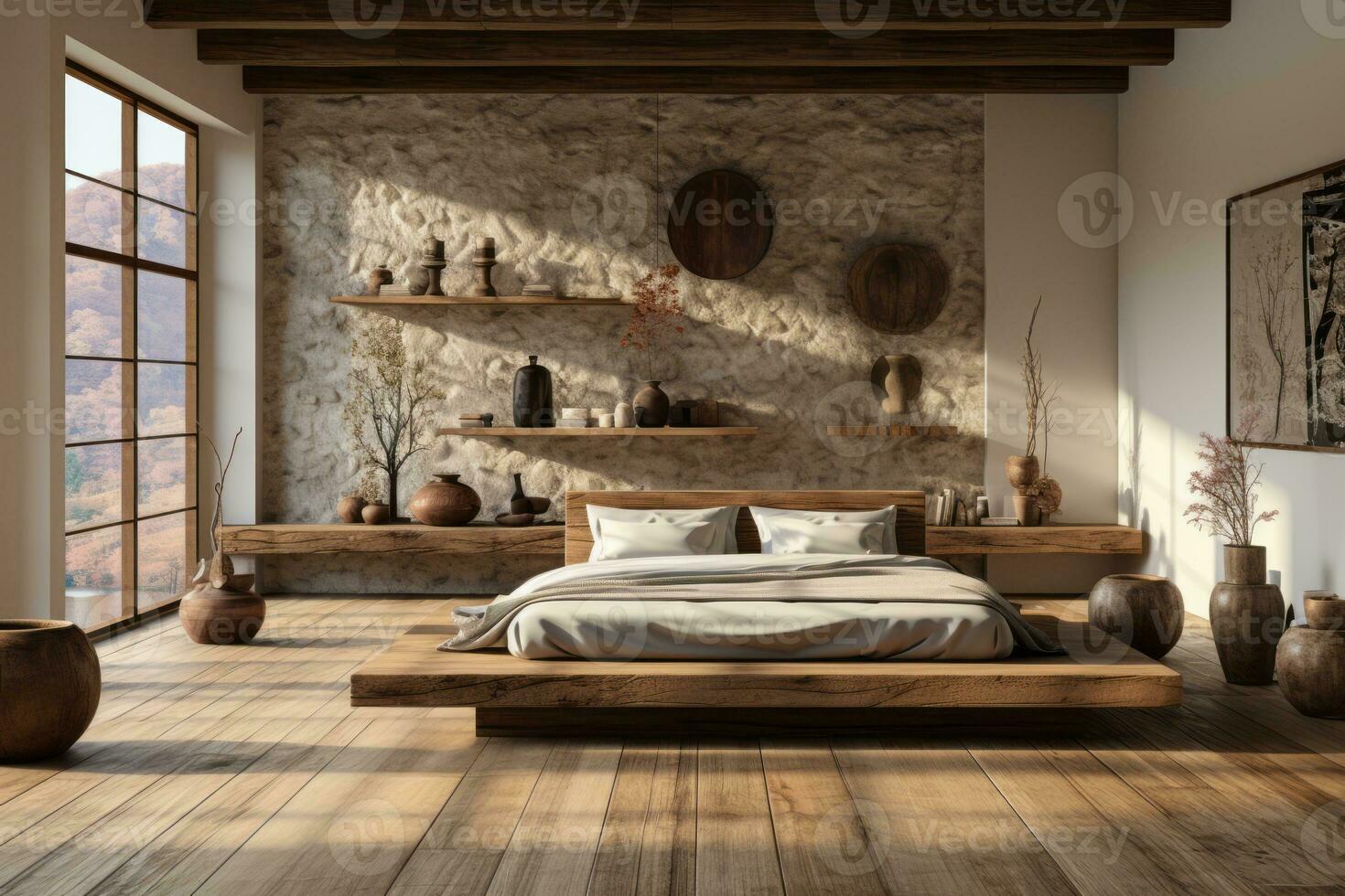 A tranquil Zen-inspired bedroom with a minimalist design, Zen decor elements, and soft, natural ...