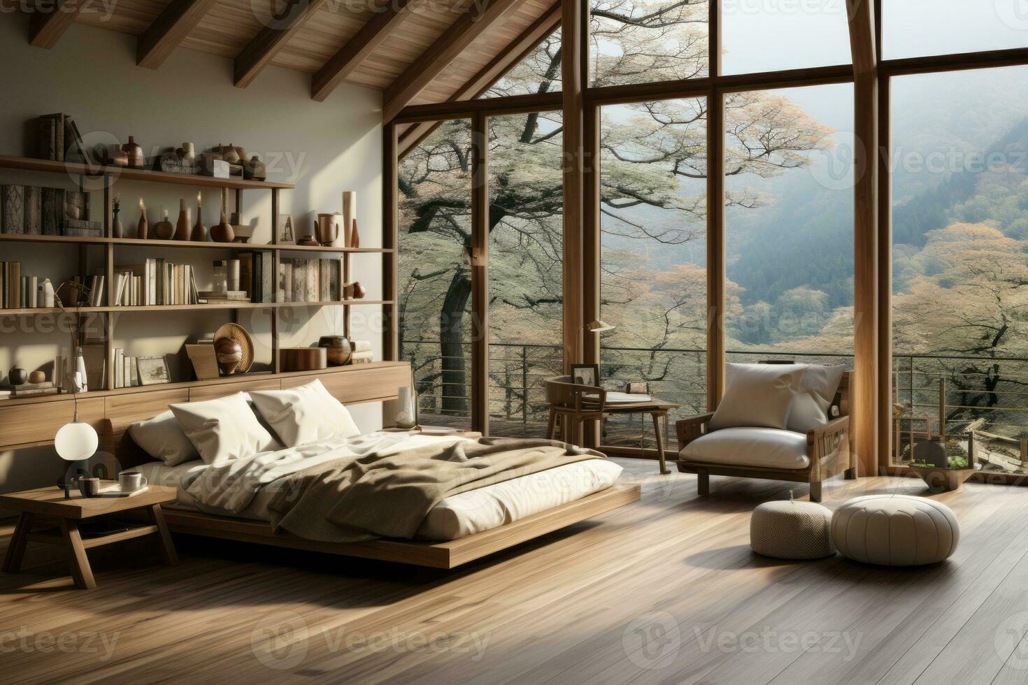 A tranquil Zen-inspired bedroom with a minimalist design, Zen decor elements, and soft, natural ...