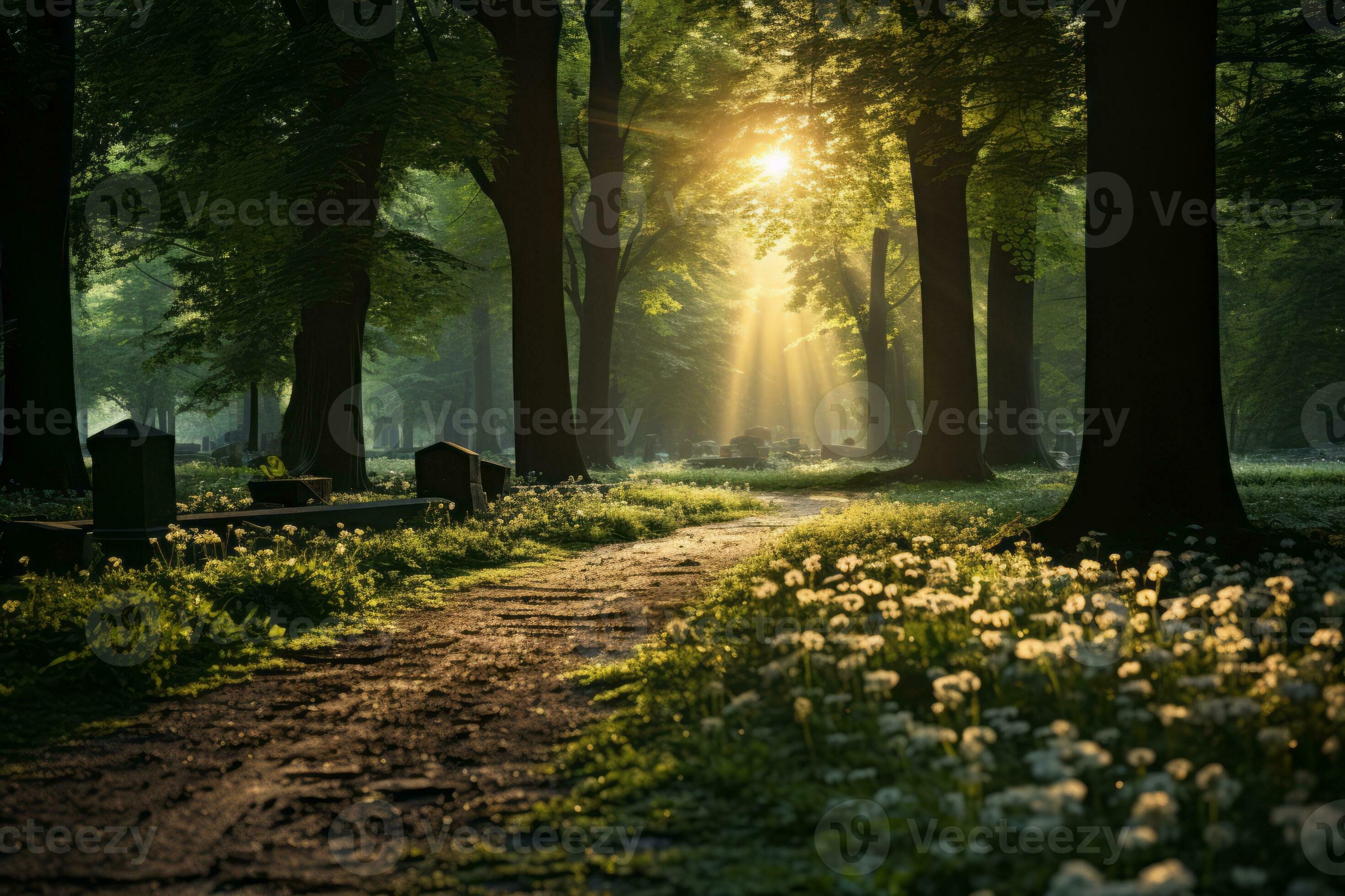 An evocative picture of a serene landscape within a cemetery, with soft sunlight filtering ...