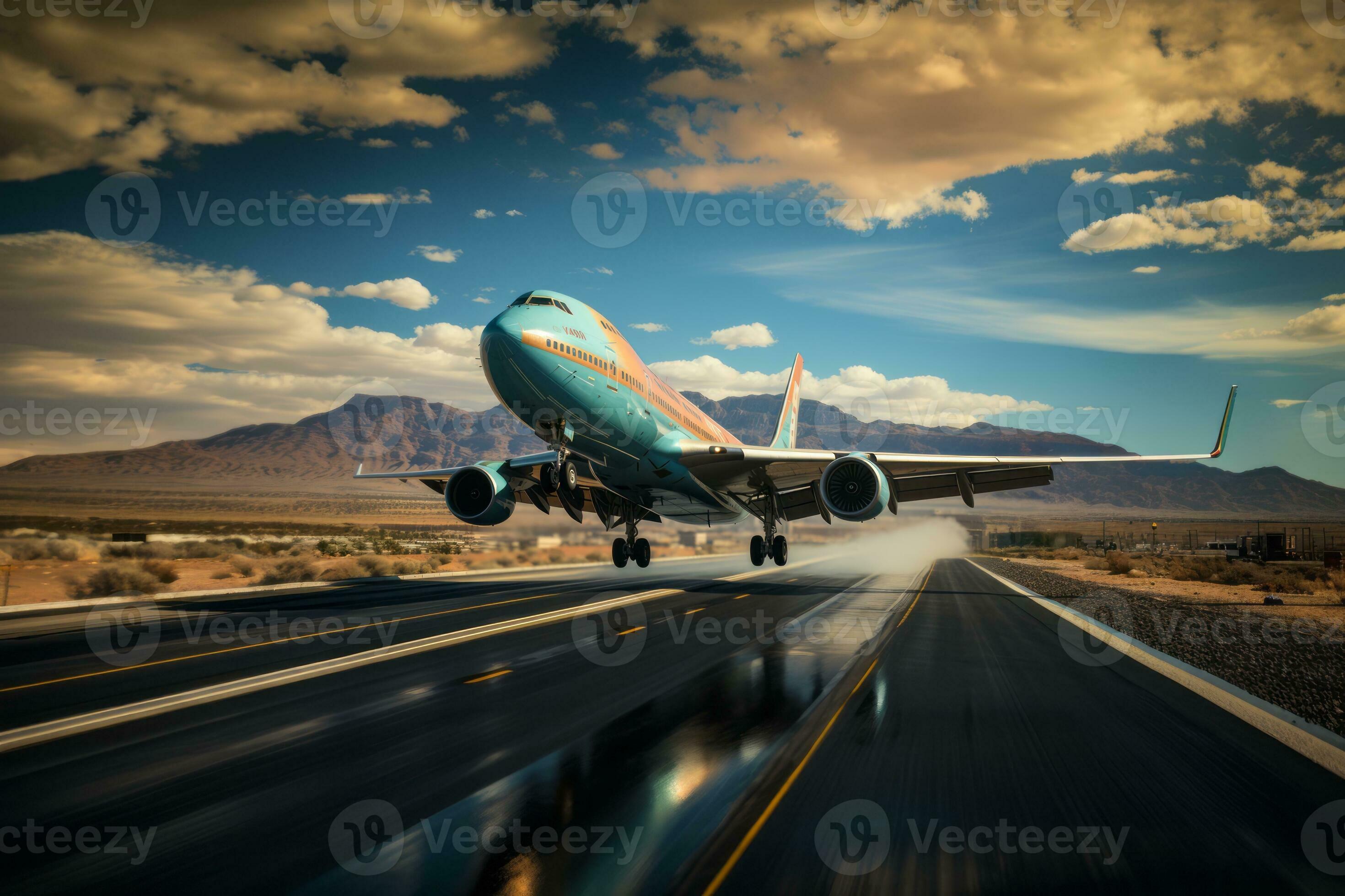 An airplane is seen taking off from a runway, with majestic mountains serving as a breathtaking ...