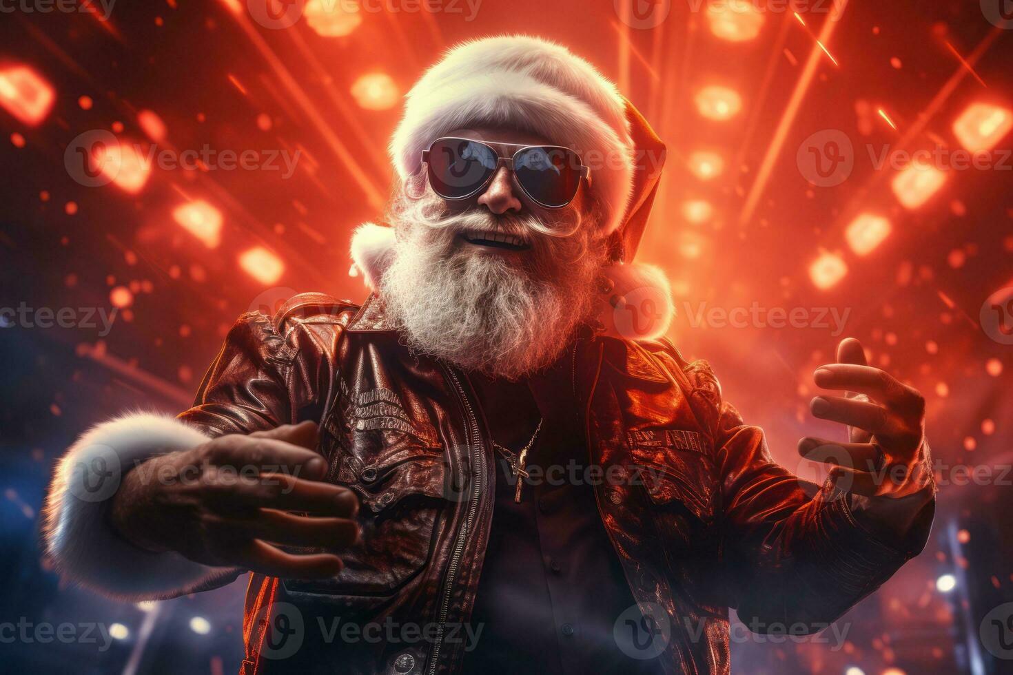 A stylish Santa Claus dancing with the crowd in a discotheque with ...
