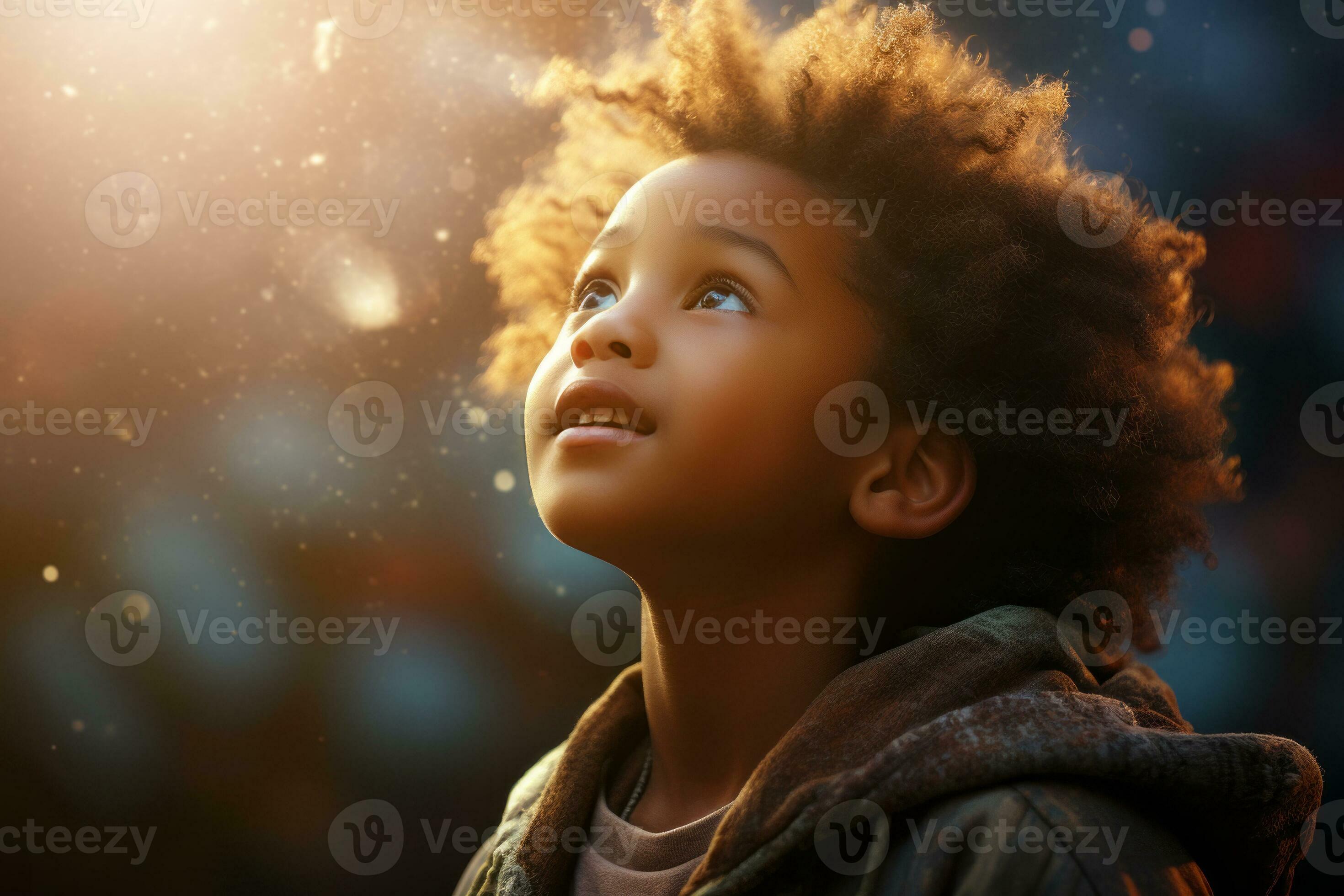 A child gazing at the sky, dreaming of a better future, symbolizing hope and aspirations in the ...