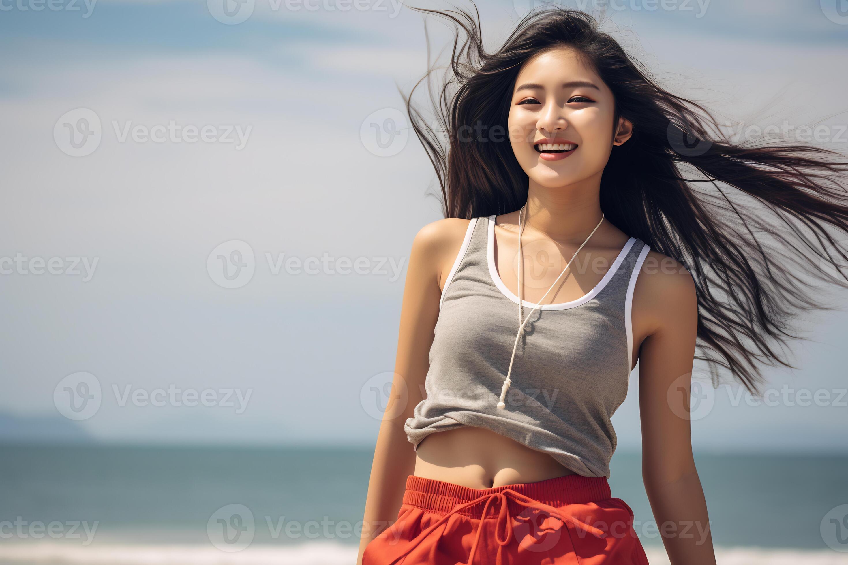 Beautiful asian girl enjoying summer in the beach AI Generative 31563703 Stock Photo at Vecteezy