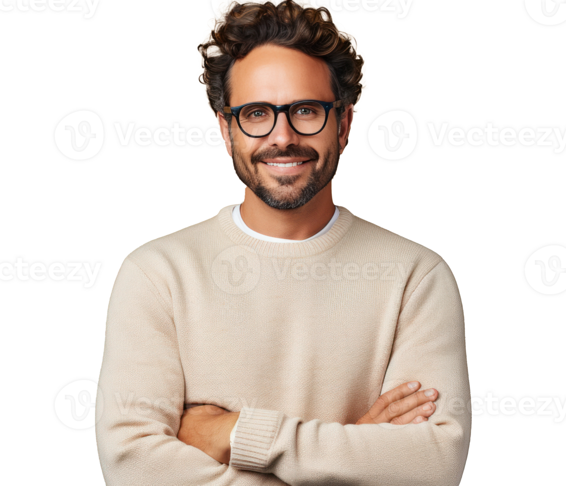 A Positive Young Man with a Beard, Wearing a Casual Sweater and Glasses ...