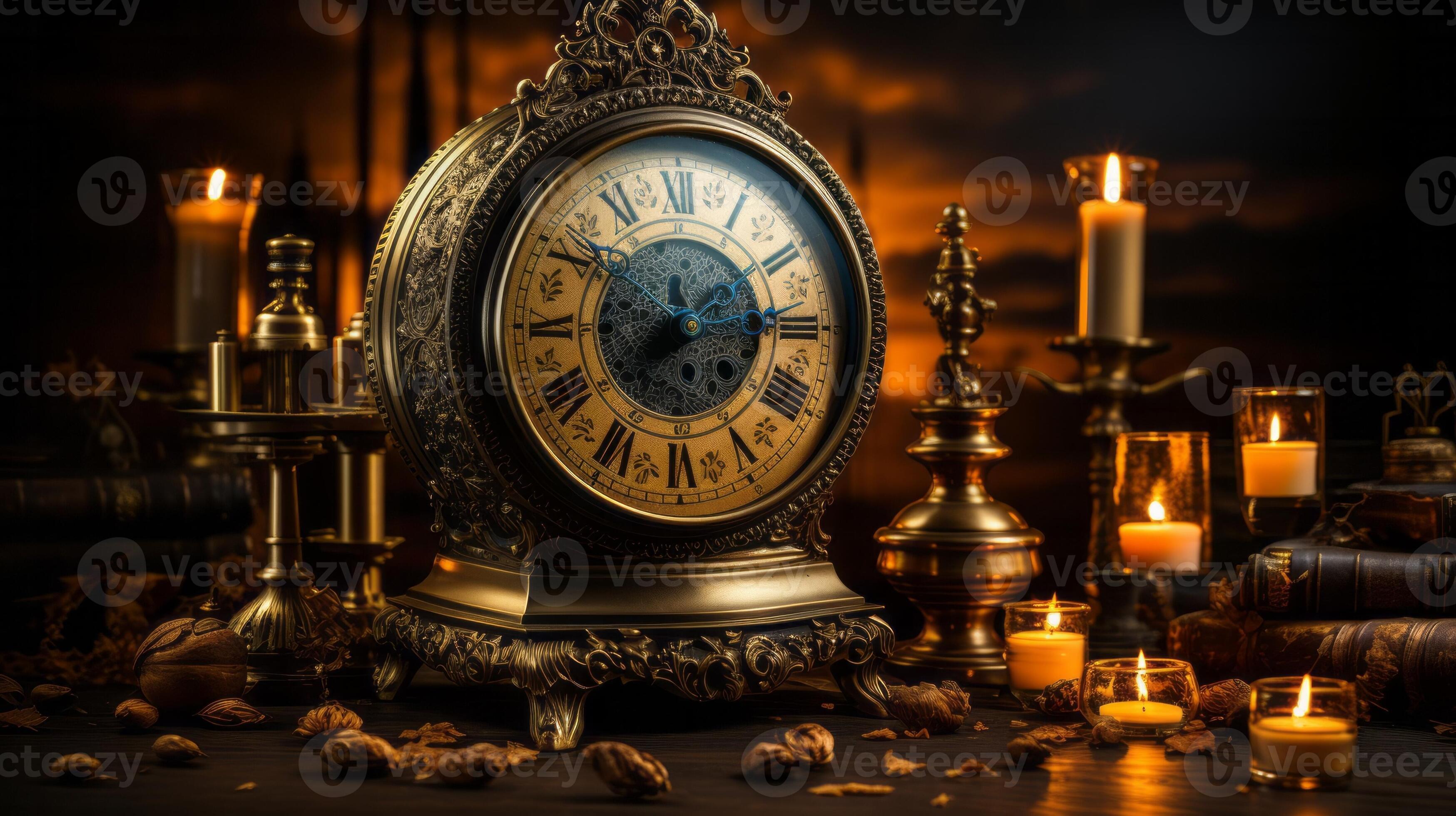 On a dark night, the ticking of the clock is illuminated by the soft light of flickering candles ...
