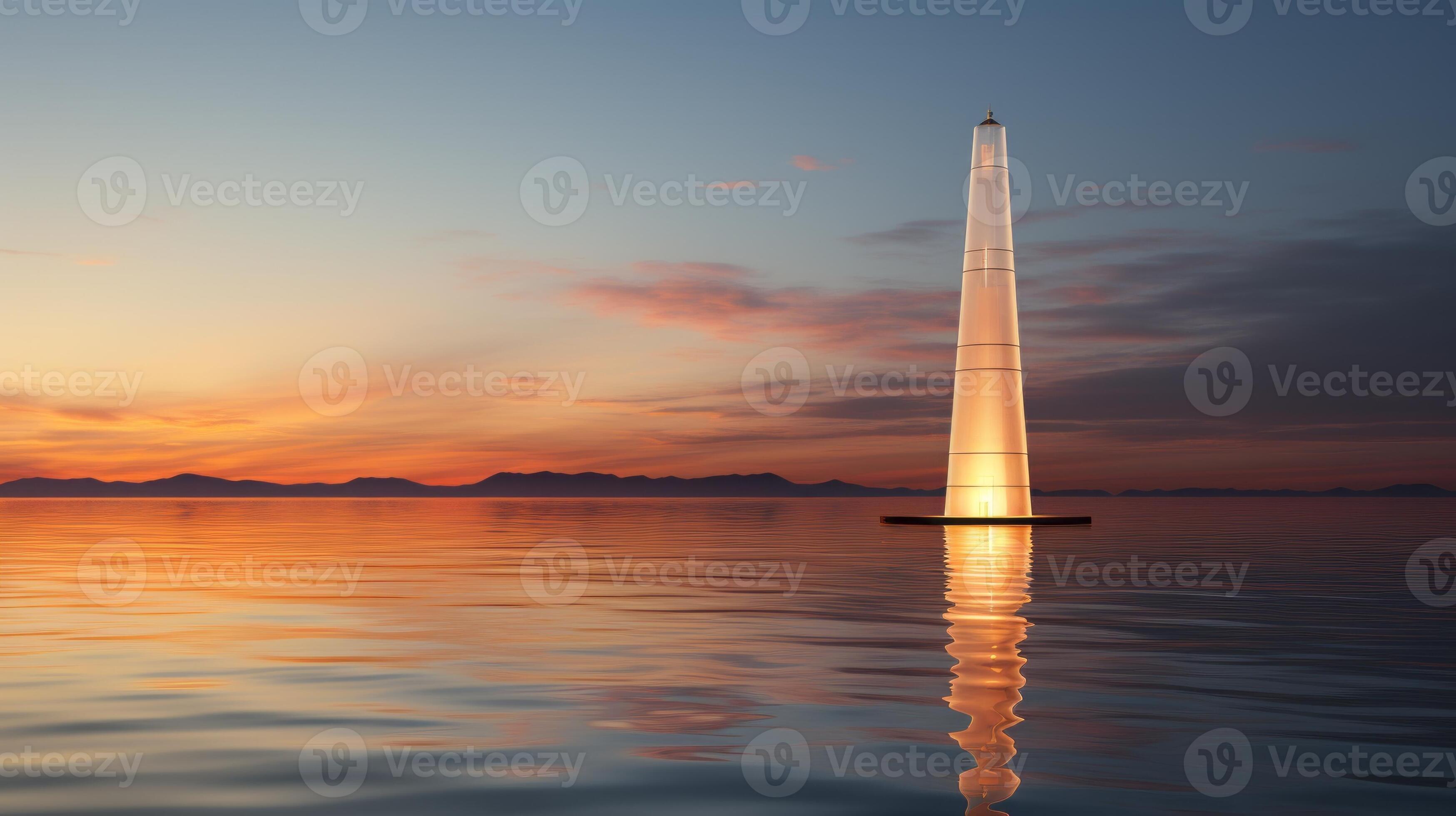 As the sun sets, the light from the tower on the lake reflects off the rippling water, creating ...