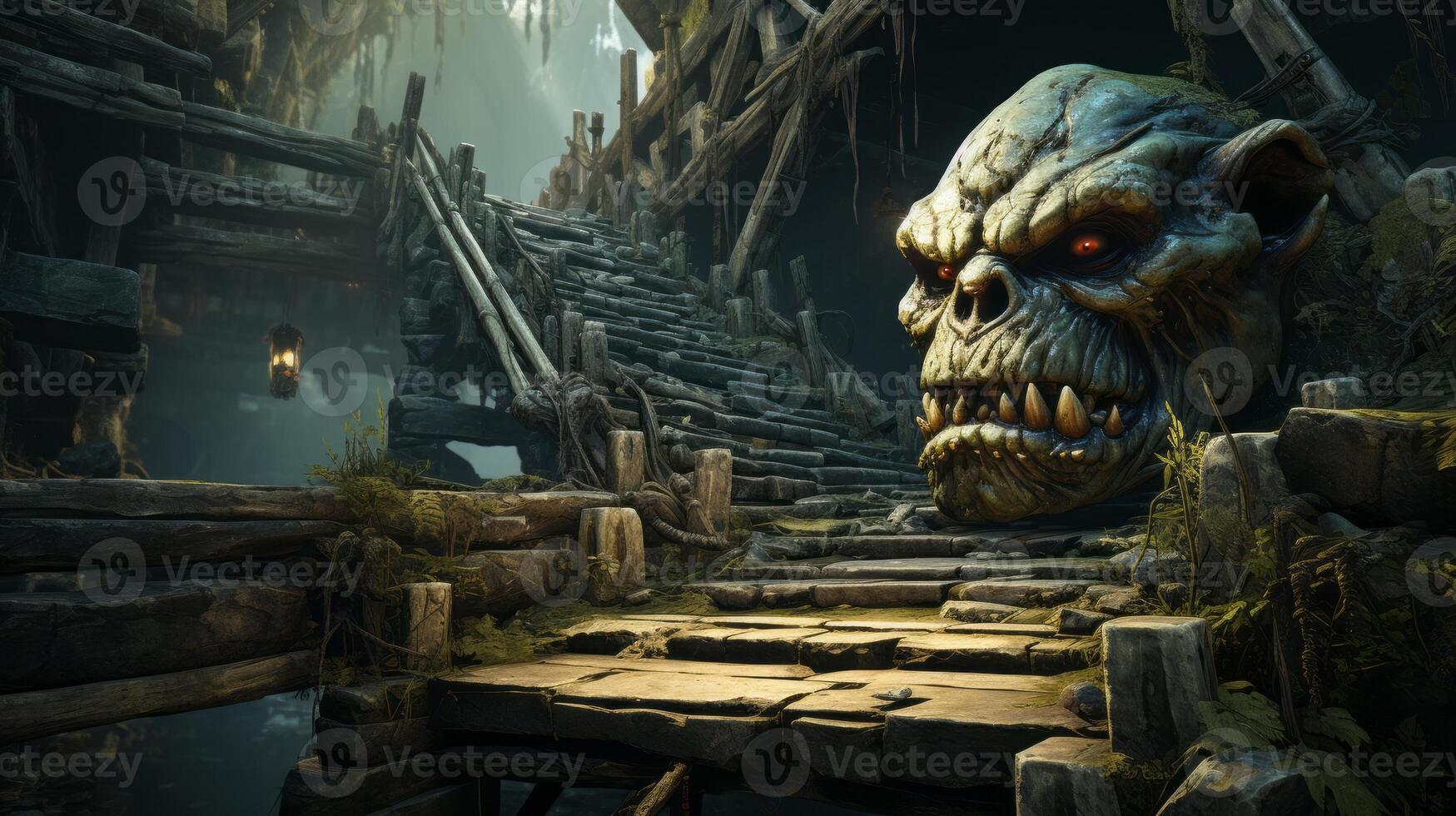 A towering skull-like monstrosity peers down from atop a menacing stone ... A towering skull-like monstrosity peers down from atop a menacing stone ...