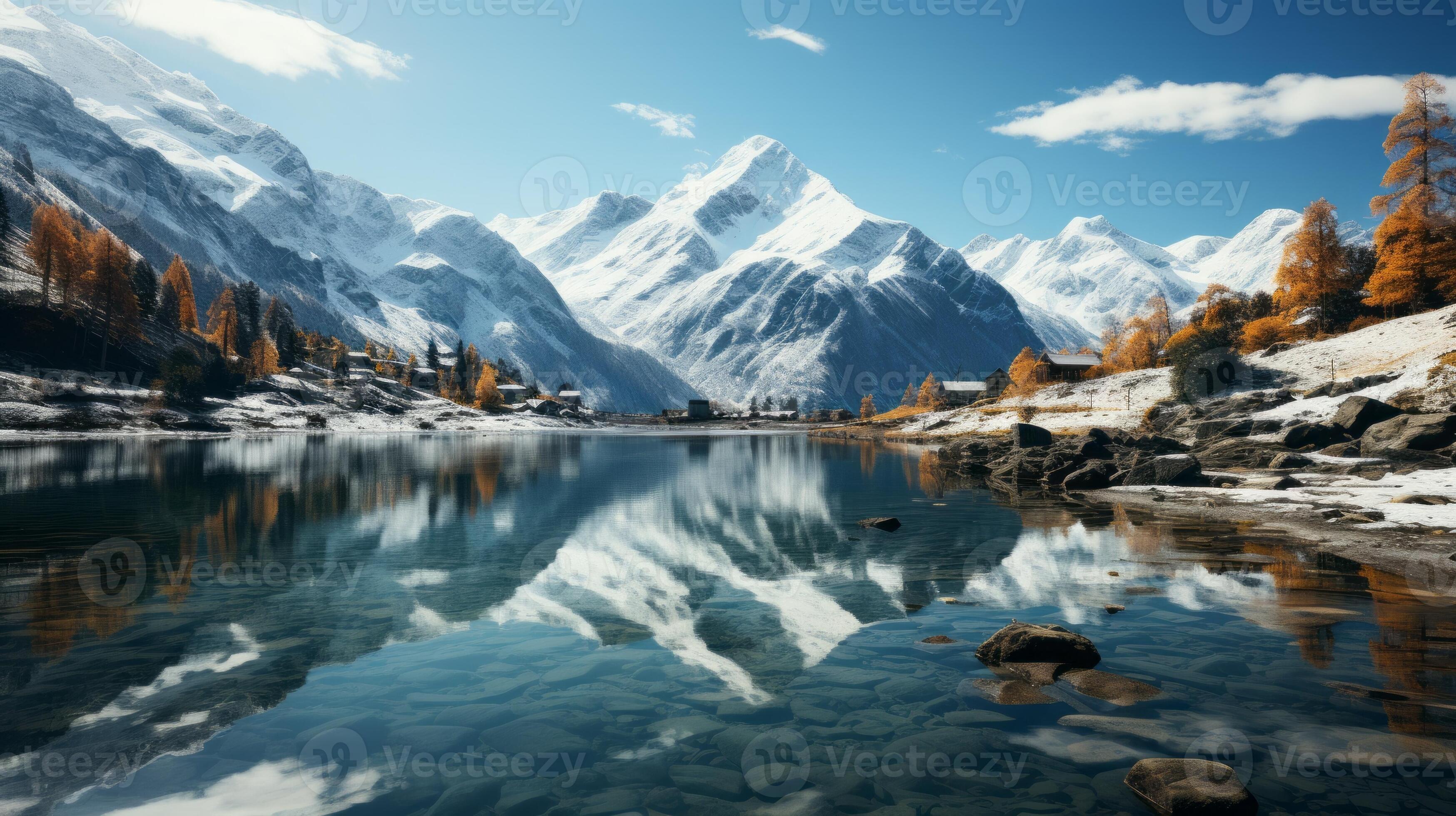 A majestic and serene landscape of mountains jagged peaks and tranquil ...