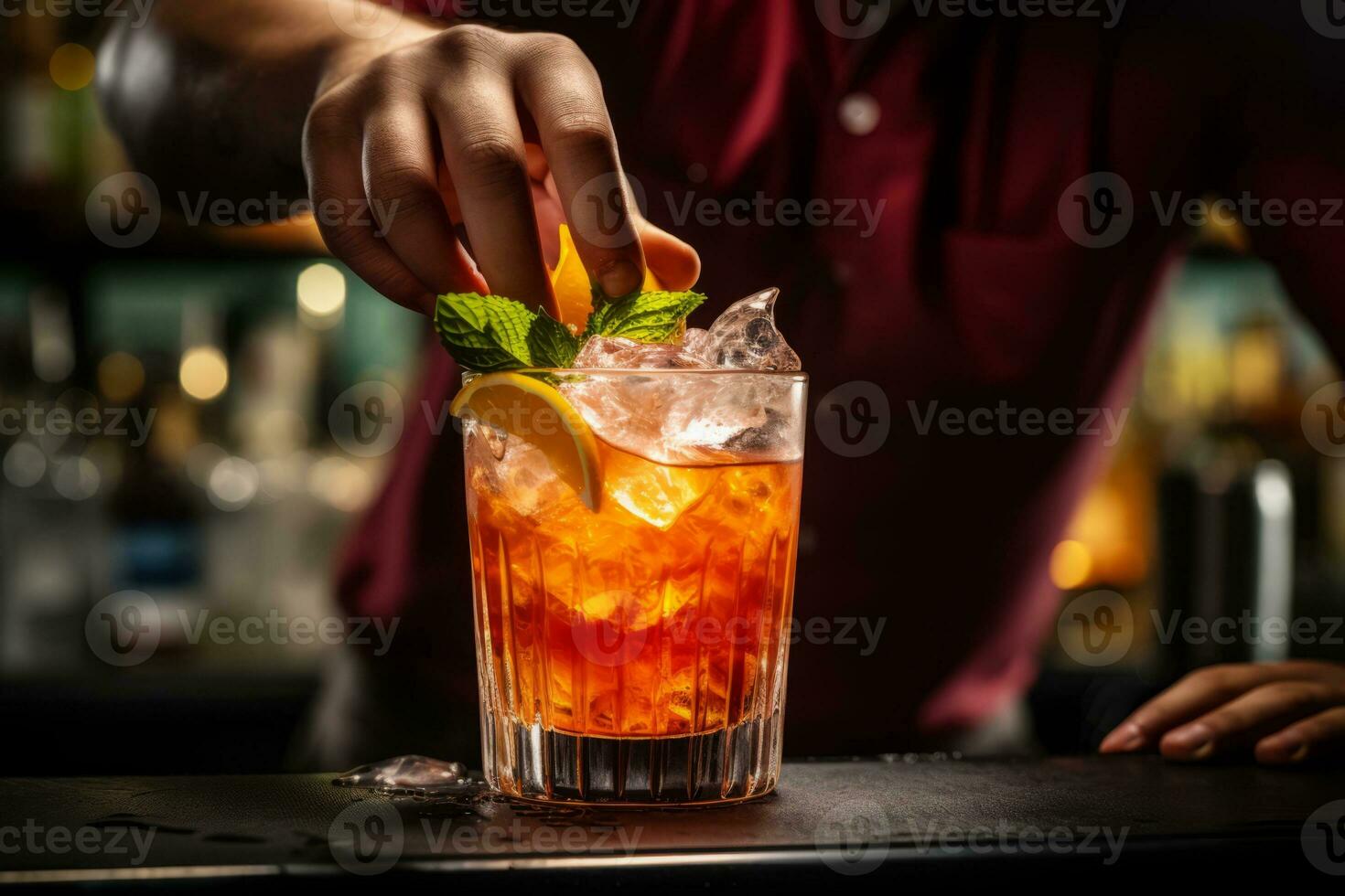 A close up of a bartender expertly mixing a vibrant rum punch cocktail. Generative AI 31579368 ...