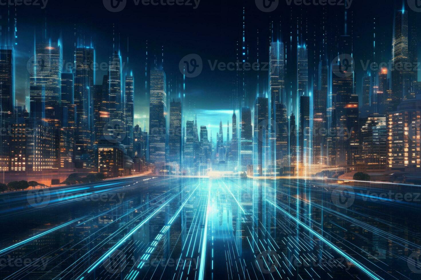 A futuristic cityscape with data streams flowing. Generative AI 31580069 Stock Photo at Vecteezy
