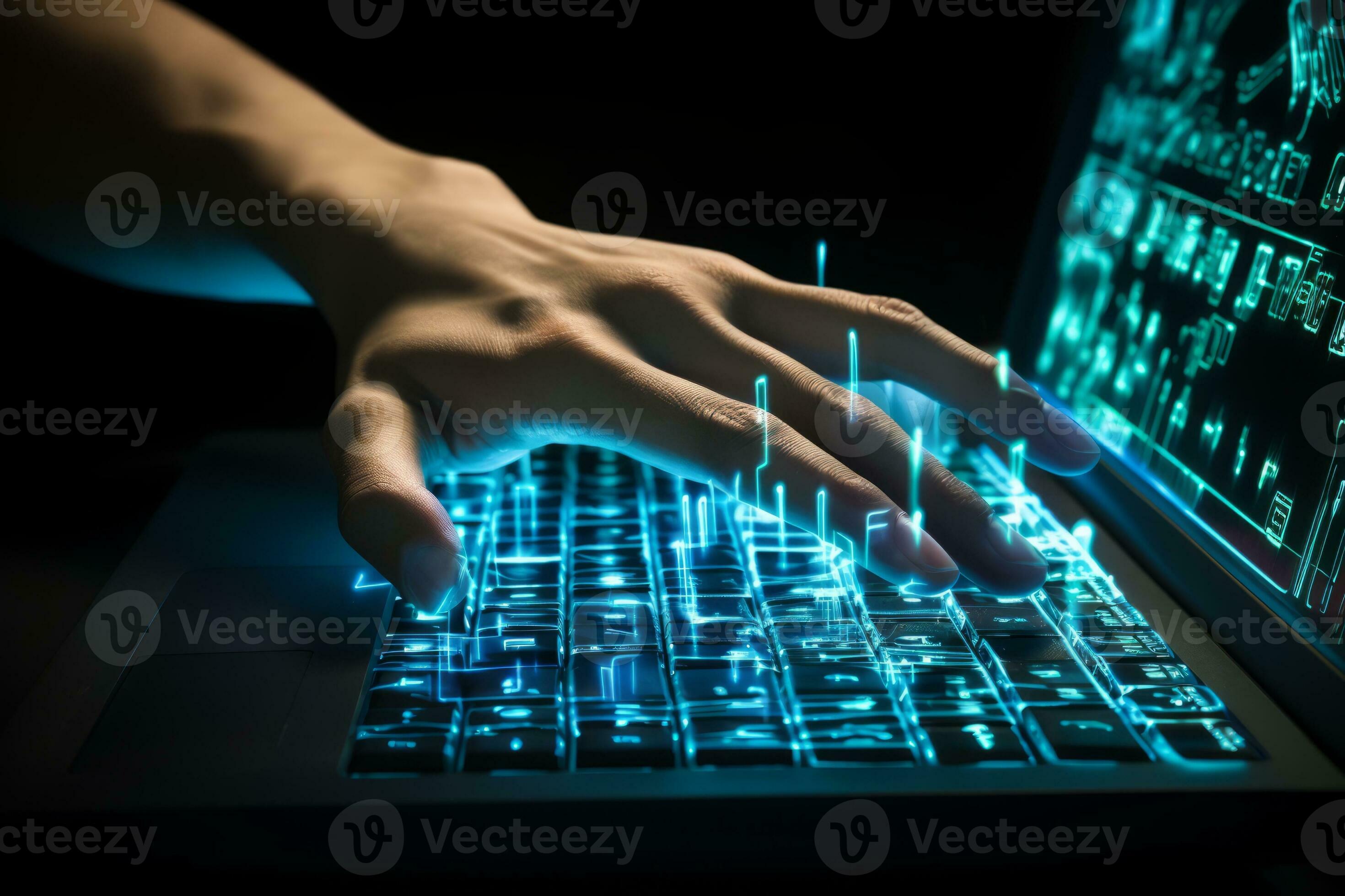 Person typing on a laptop with a glowing keyboard. Generative AI ...