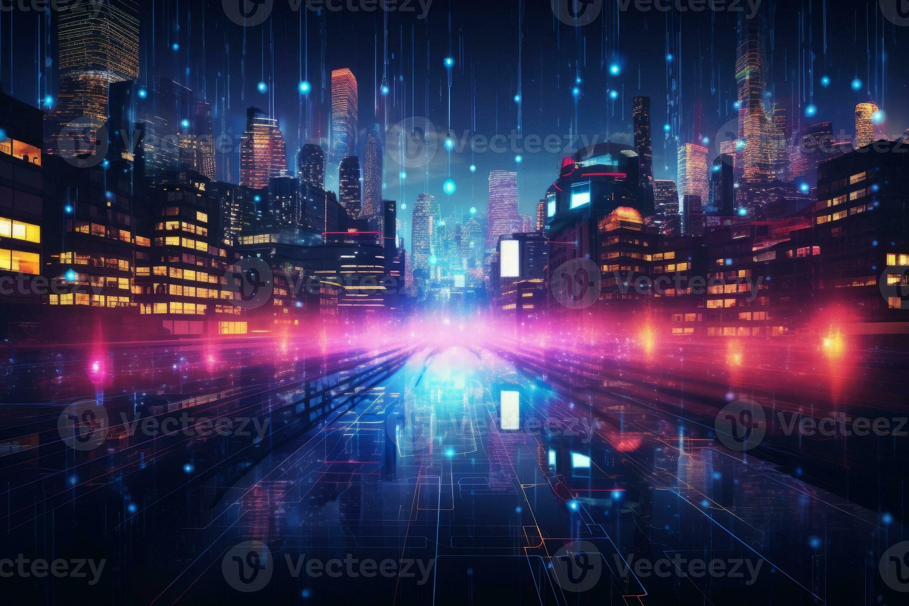 Digital data flow with bright neon lights. Generative AI 31581826 Stock ...