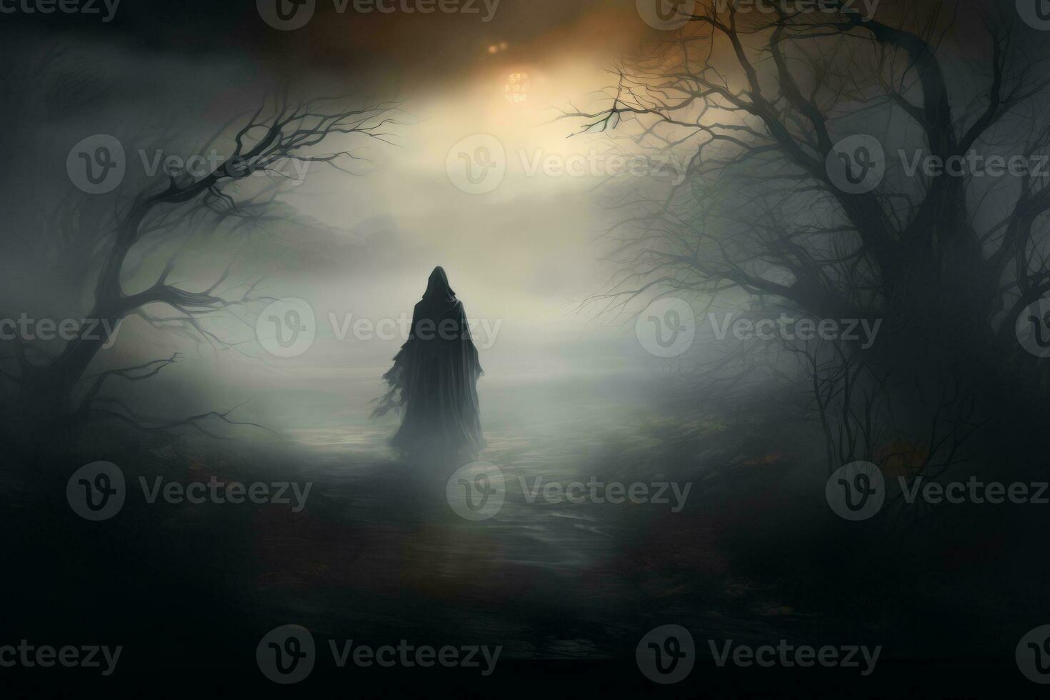 Mysterious figure in a mist shrouded landscape. Generative AI 31582539 Stock Photo at Vecteezy