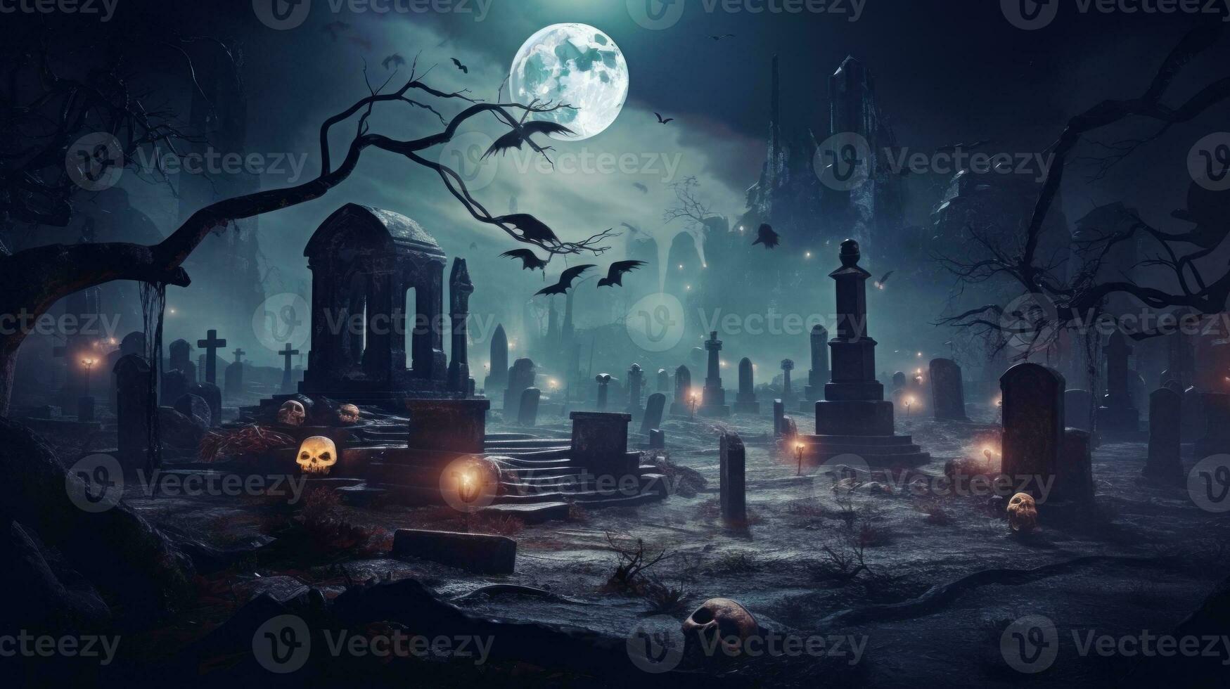 Spooky graveyard with ghostly apparitions and glowing tombstones. Generative AI 31582924 Stock ...