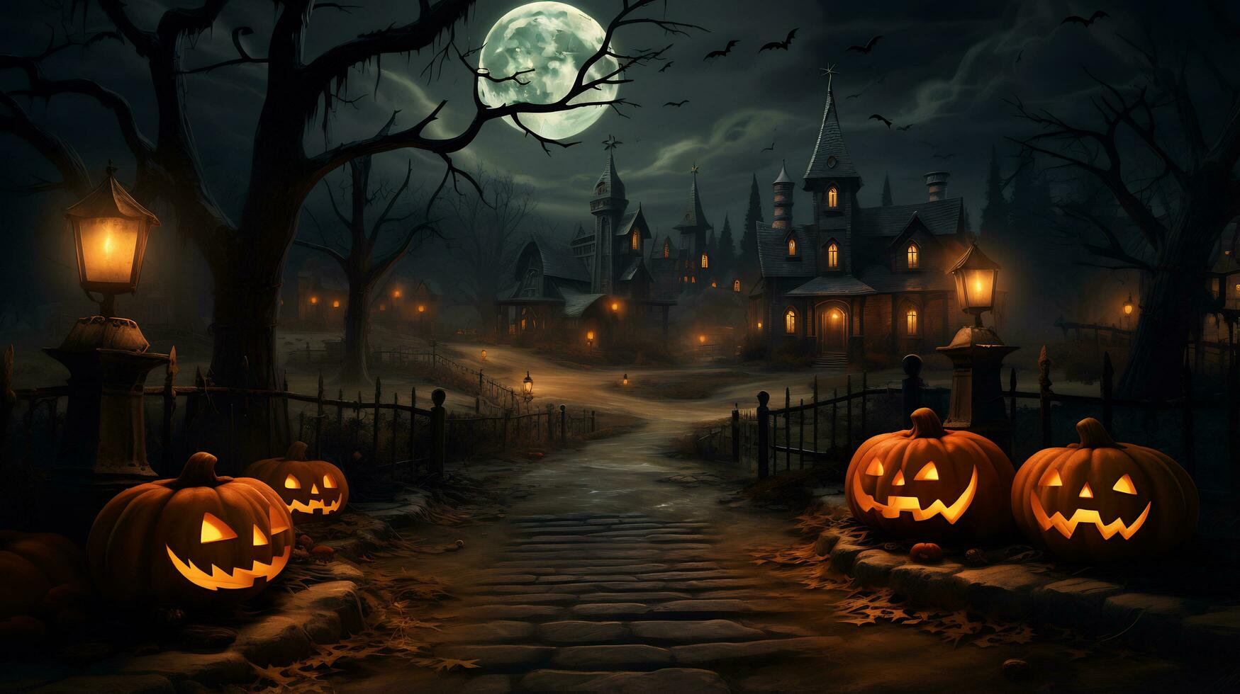 Spooky Halloween Wallpaper With Pumpkin And Old House Ai Generative