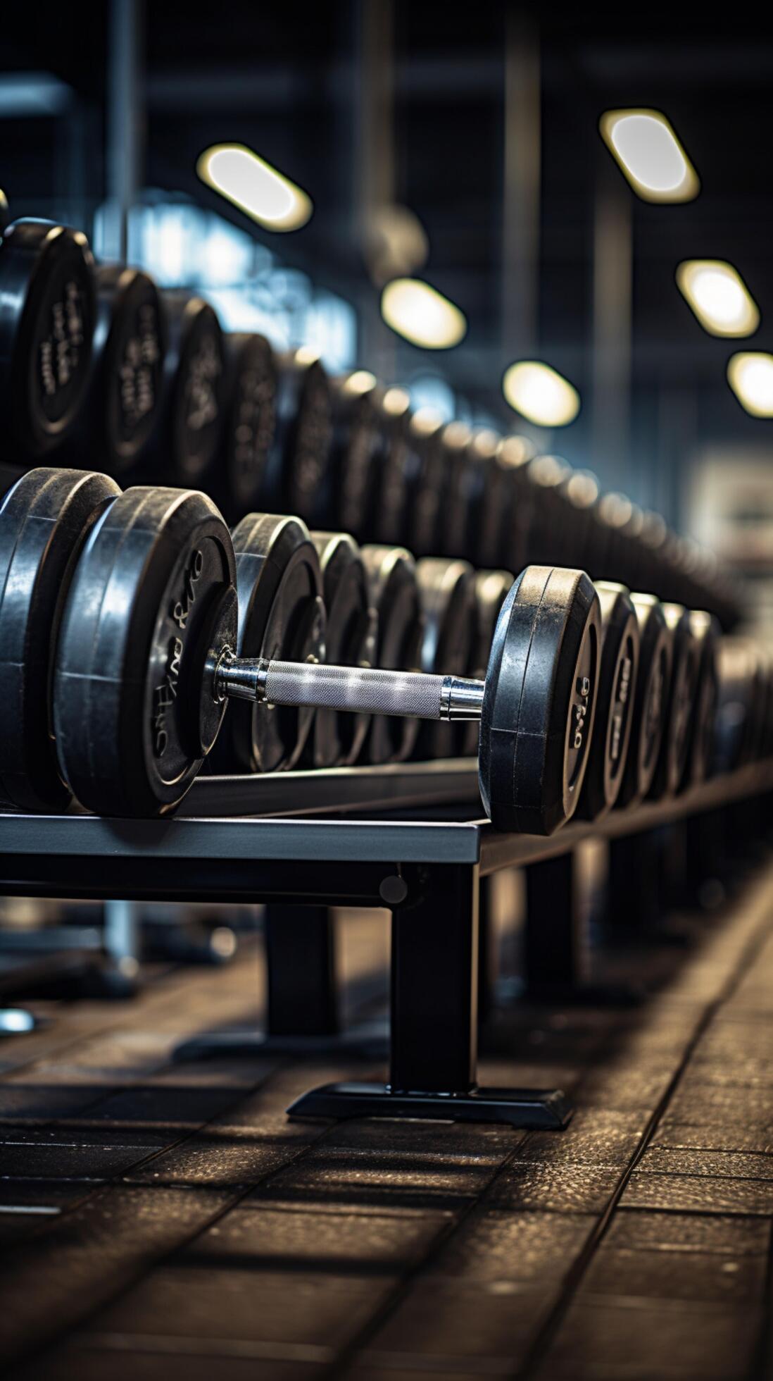An array of dumbbells in precise rows, essential equipment in any gym ...