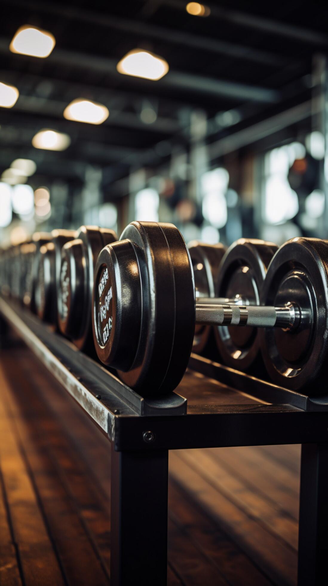 An array of dumbbells in precise rows, essential equipment in any gym ...