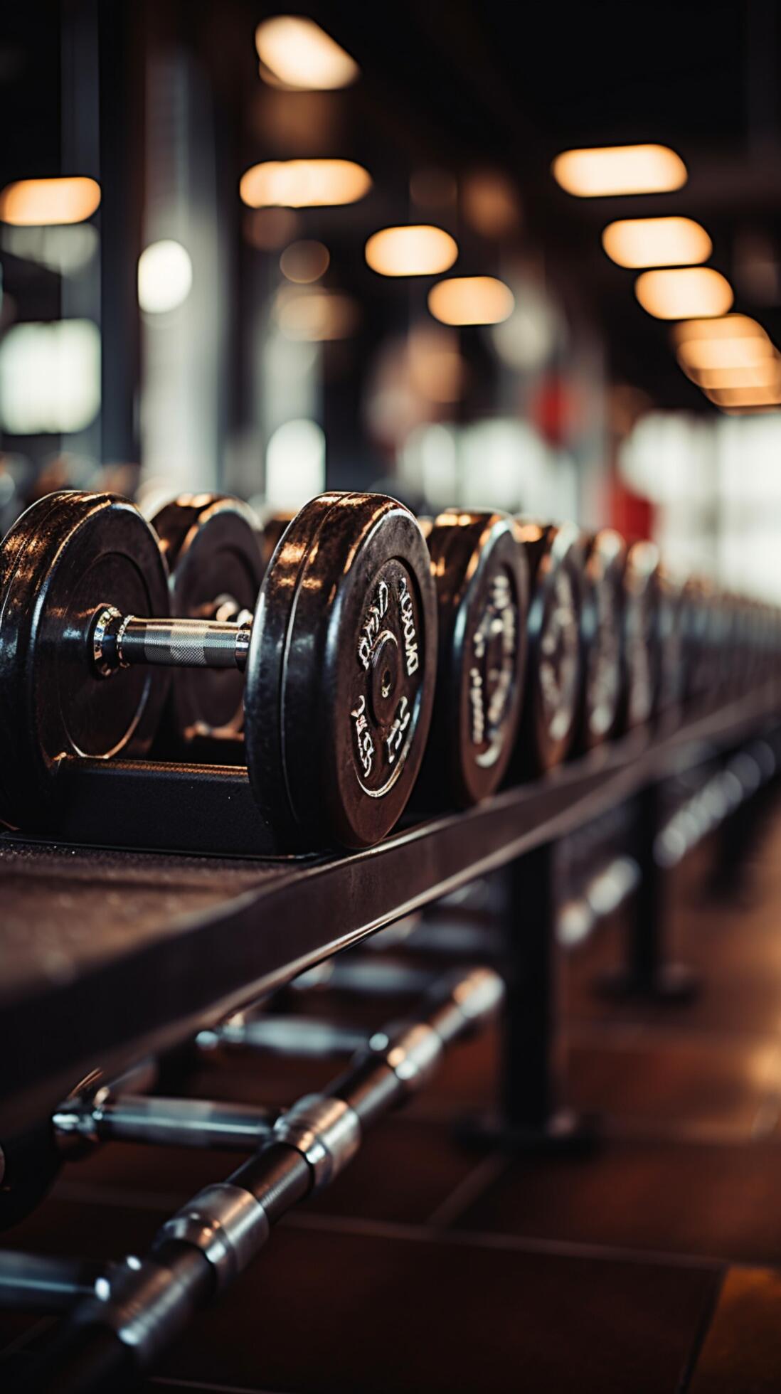 In the gym, rows of dumbbells provide options for strength training ...