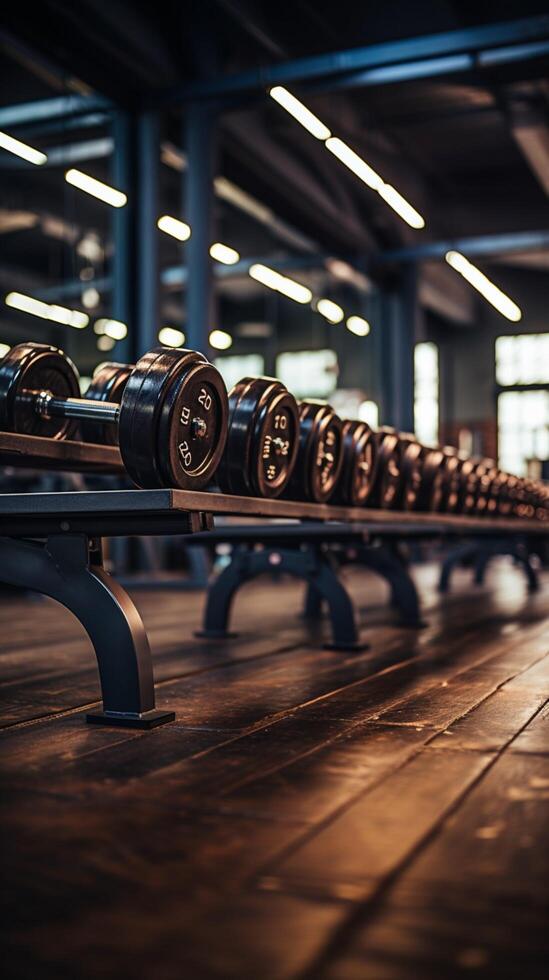 The gym features rows of dumbbells, offering a wide range of weights ...