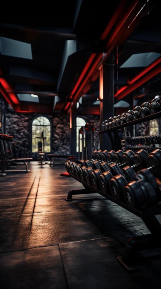 The gym features rows of dumbbells, offering a wide range of weights ...