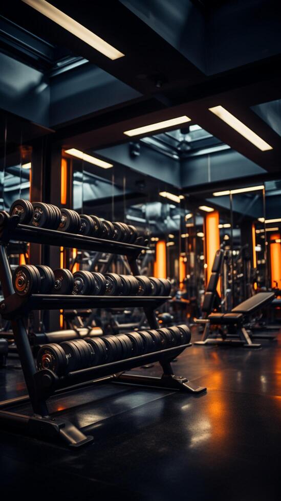 The gym features rows of dumbbells, offering a wide range of weights ...