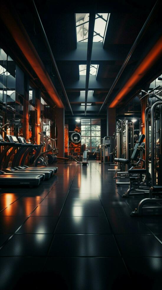 The interior of a gym adorned with a variety of fitness equipment ...