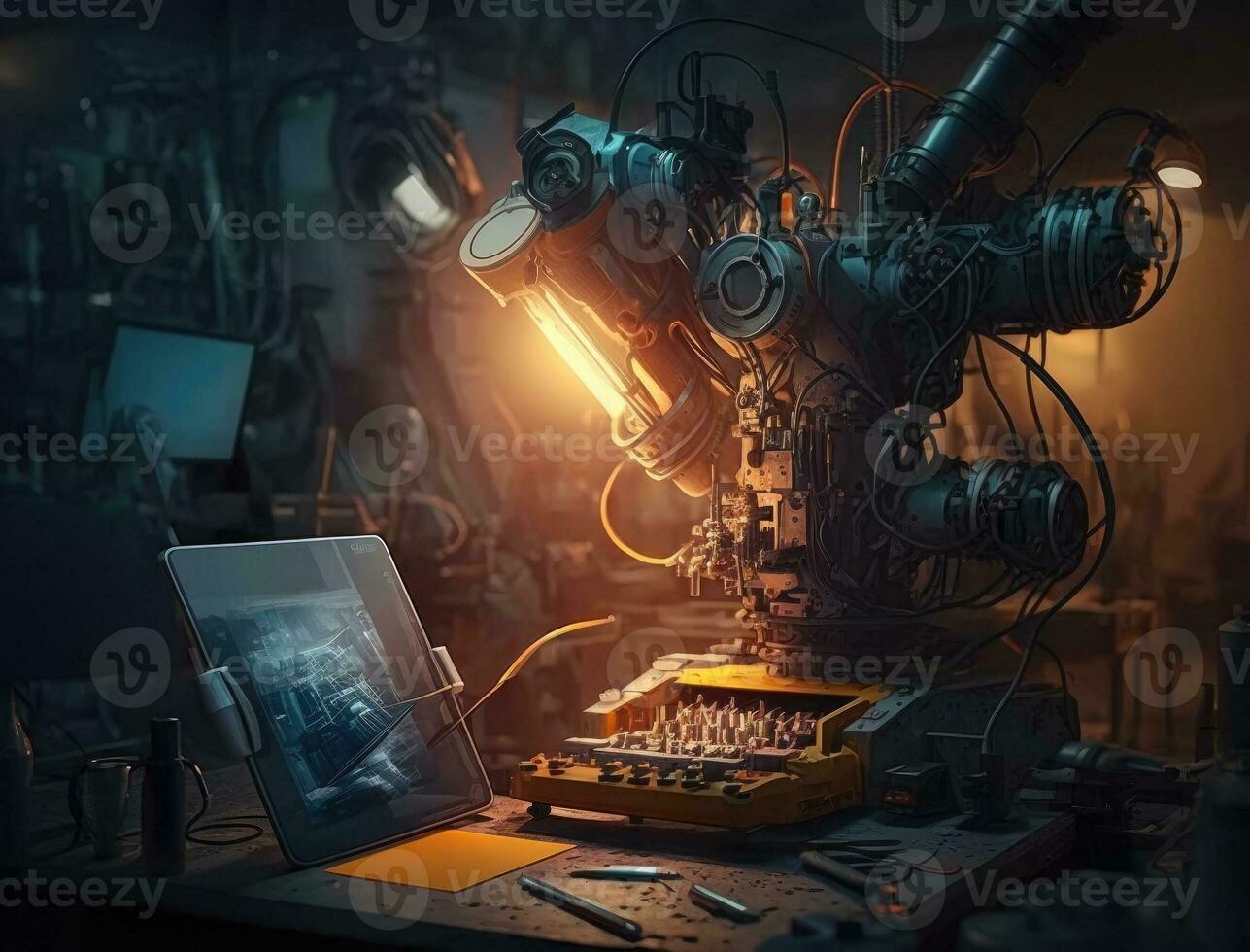 Industry 4.0 Robot concept .Engineers use laptop computers for machine ...