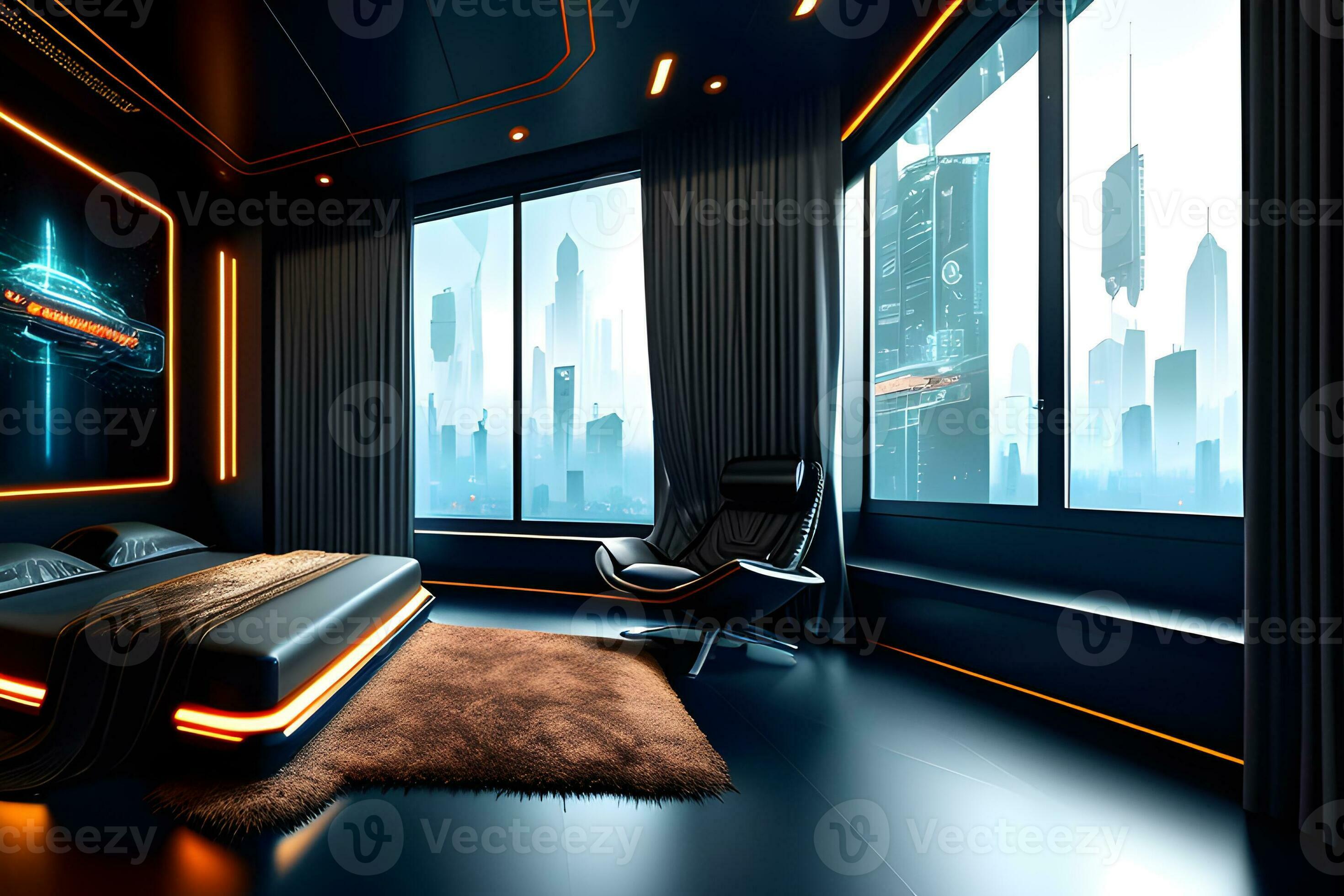 Futuristic High Tech Luxury Cyberpunk Sci Fi Living Room Modern Interior Bedroom, AI Generative ...
