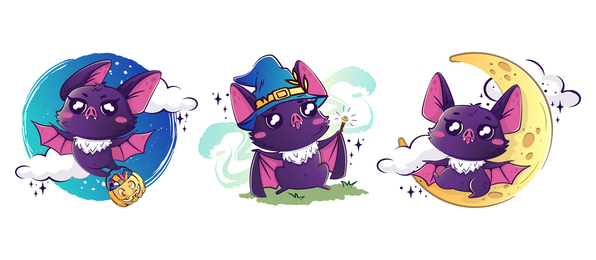 Set of bats for Halloween. Characters in Halloween costumes. Cute ...