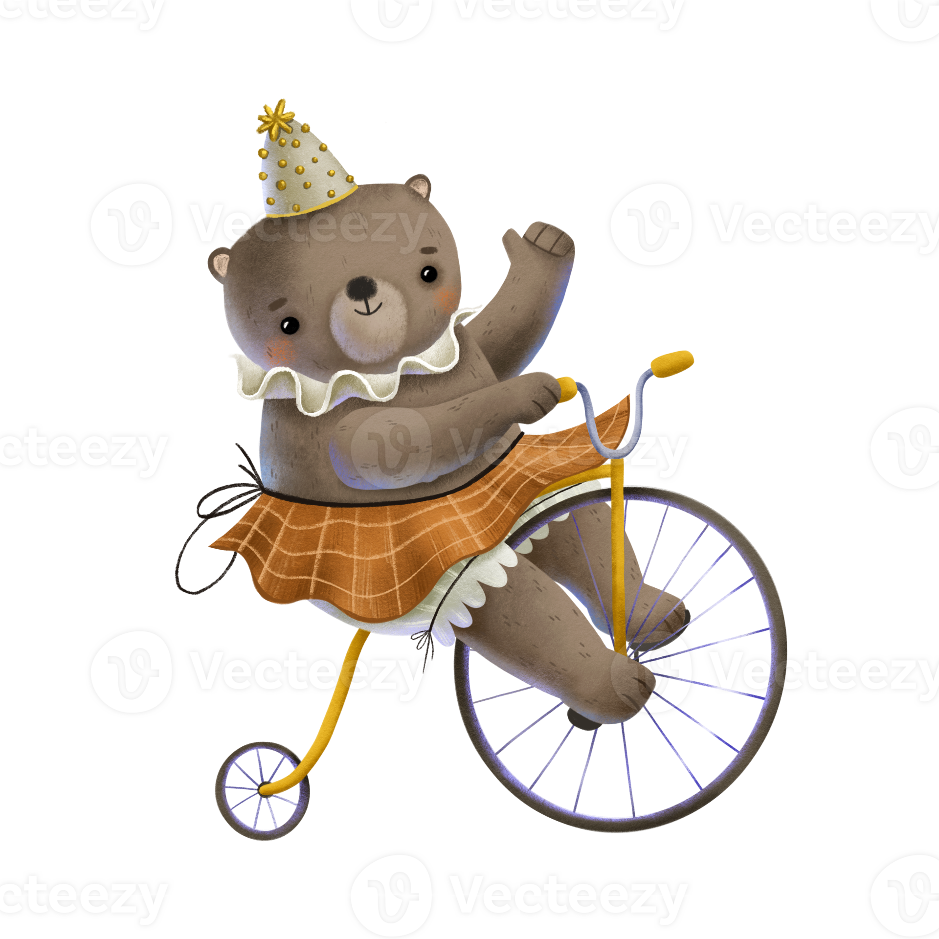 ein süß Bär im ein Clown Hut und flauschige Rock Fahrten ein Zirkus Fahrrad und Wellen seine ...