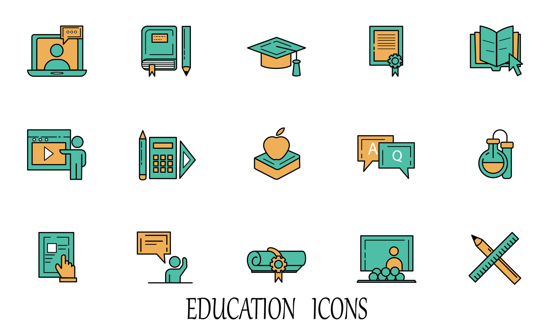 Education icon set. Distance learning. Containing video tuition, e ...