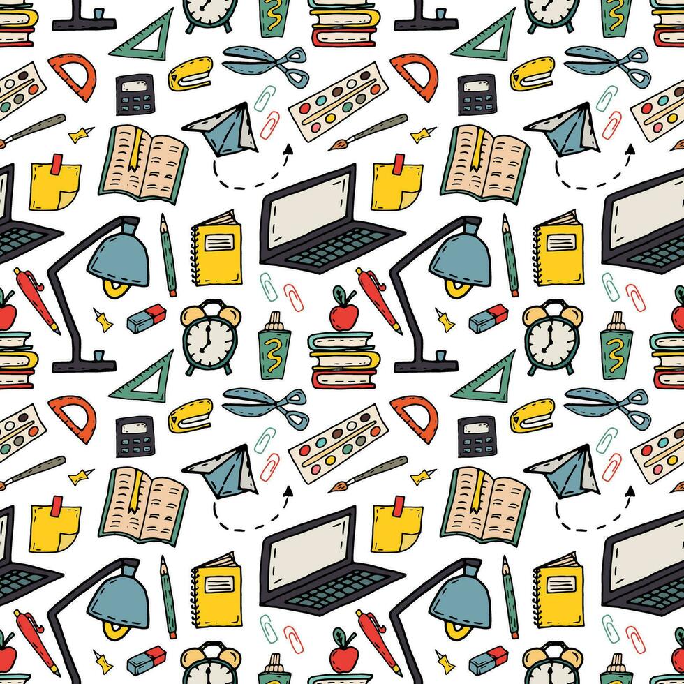 Seamless school pattern - objects and supplies for studying. Laptor ...