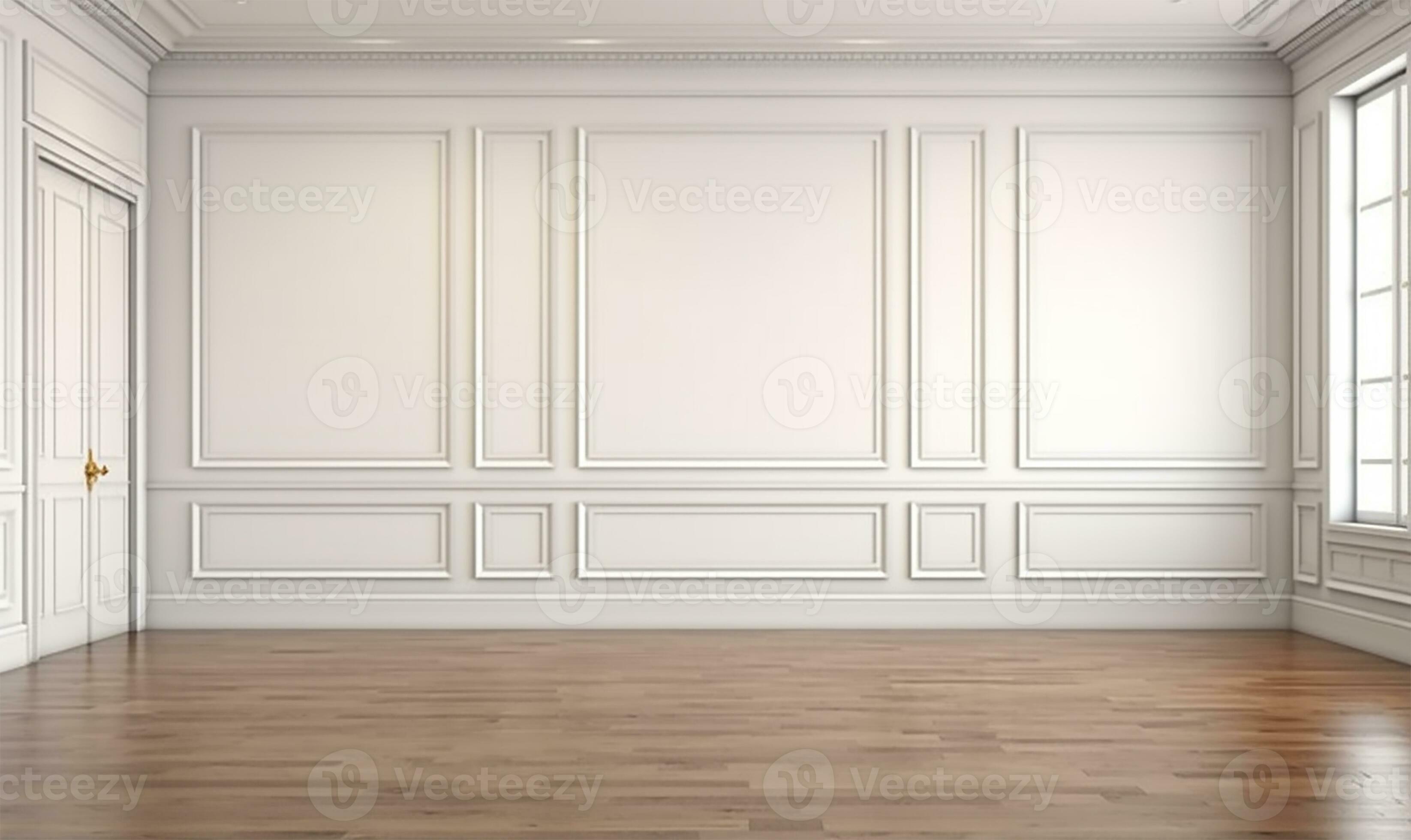 elegant empty room featuring a pristine white wall adorned with classic ...
