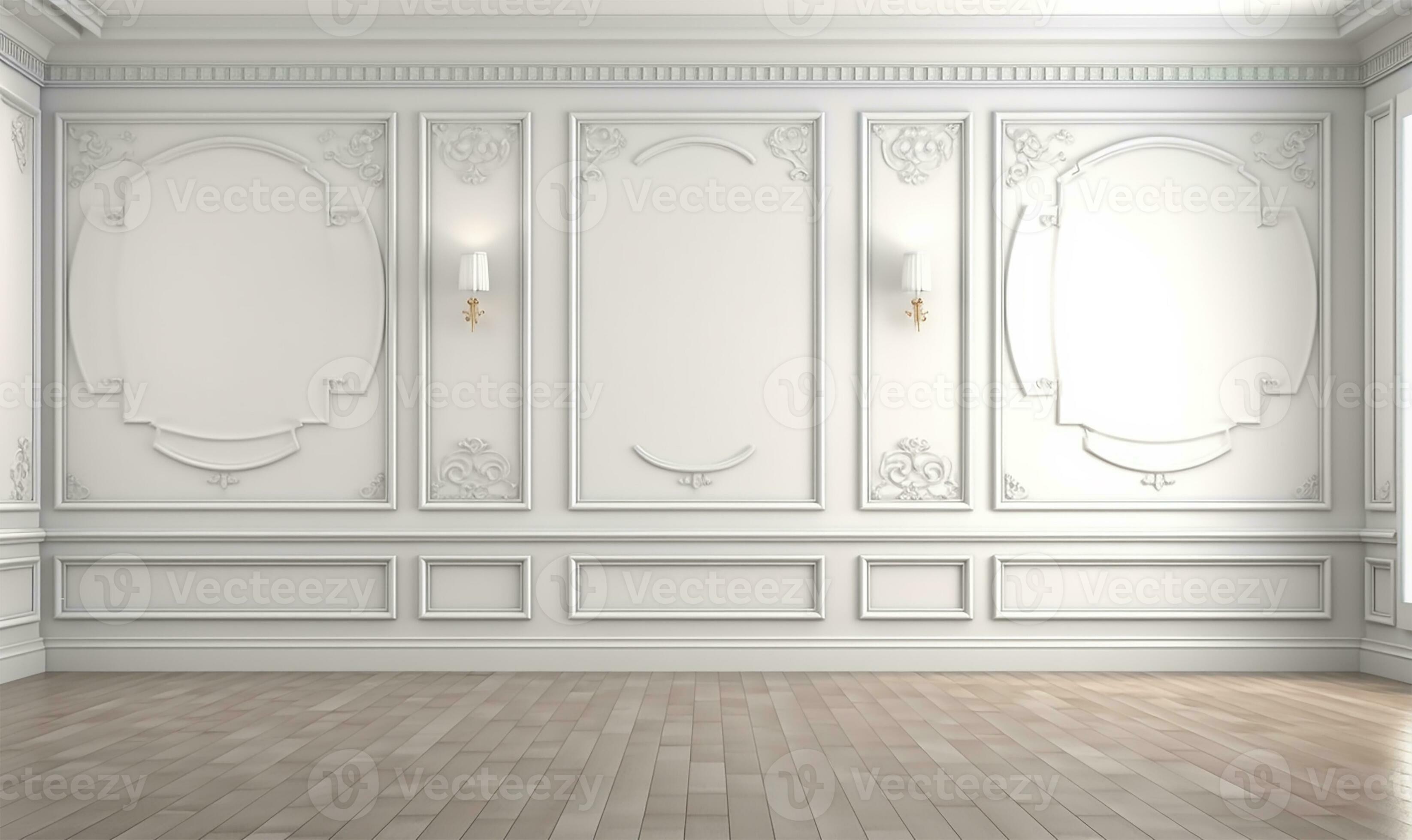 elegant empty room featuring a pristine white wall adorned with classic ...