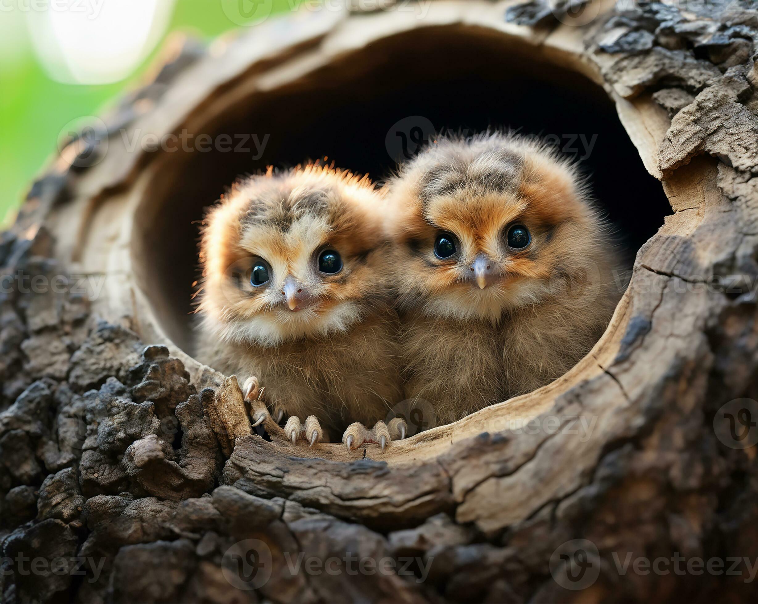 Two adorable baby owls, with wide curious eyes, peek out from the sanctuary of their tree hole ...