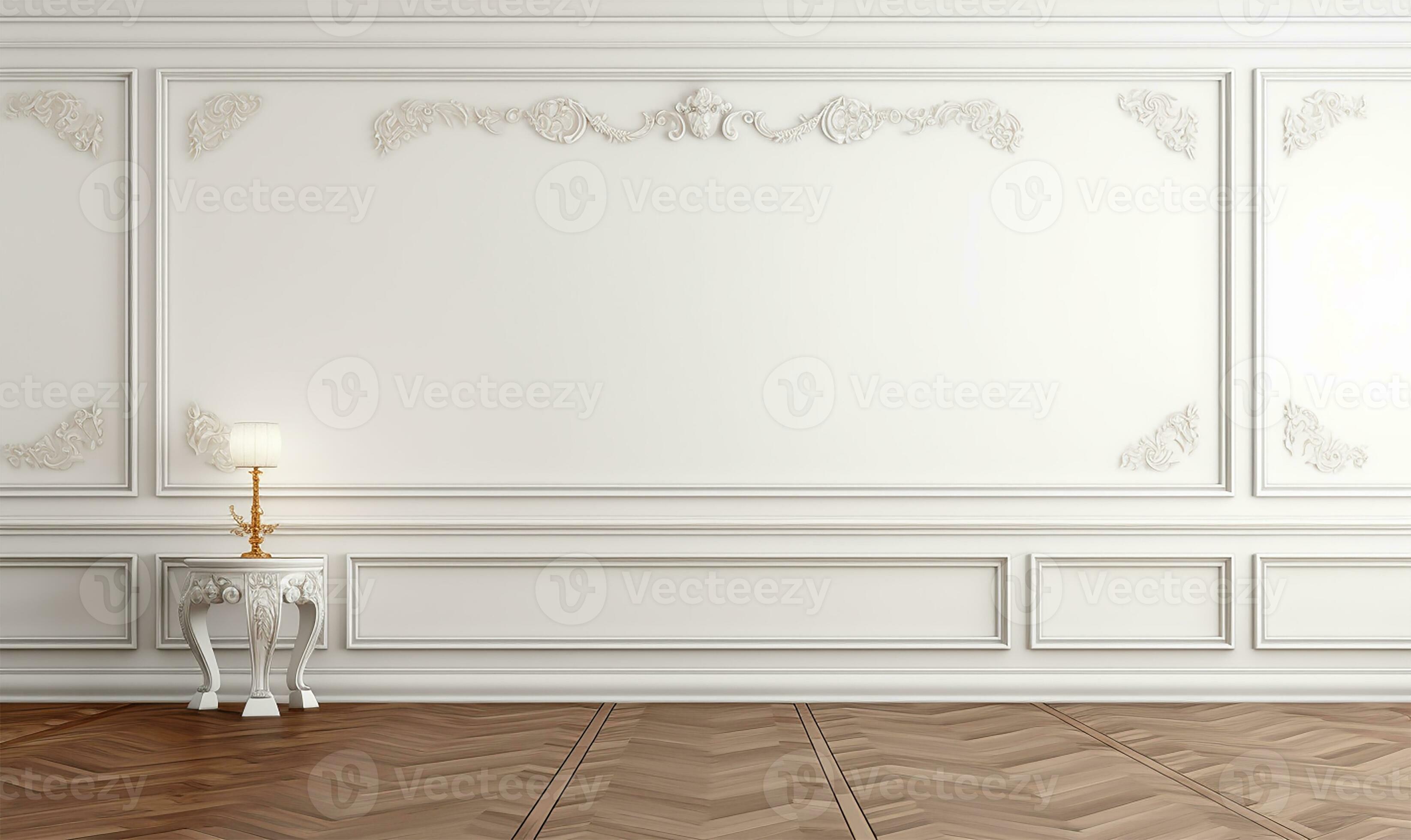 elegant empty room featuring a pristine white wall adorned with classic ...