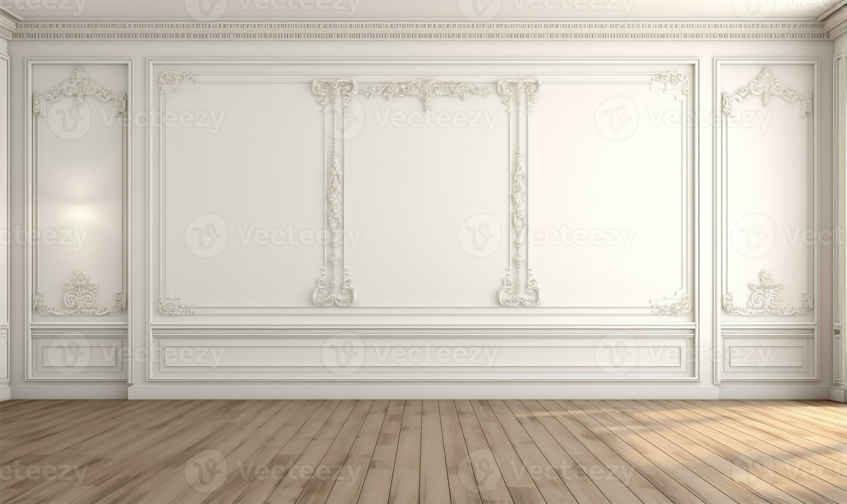 elegant empty room featuring a pristine white wall adorned with classic ...