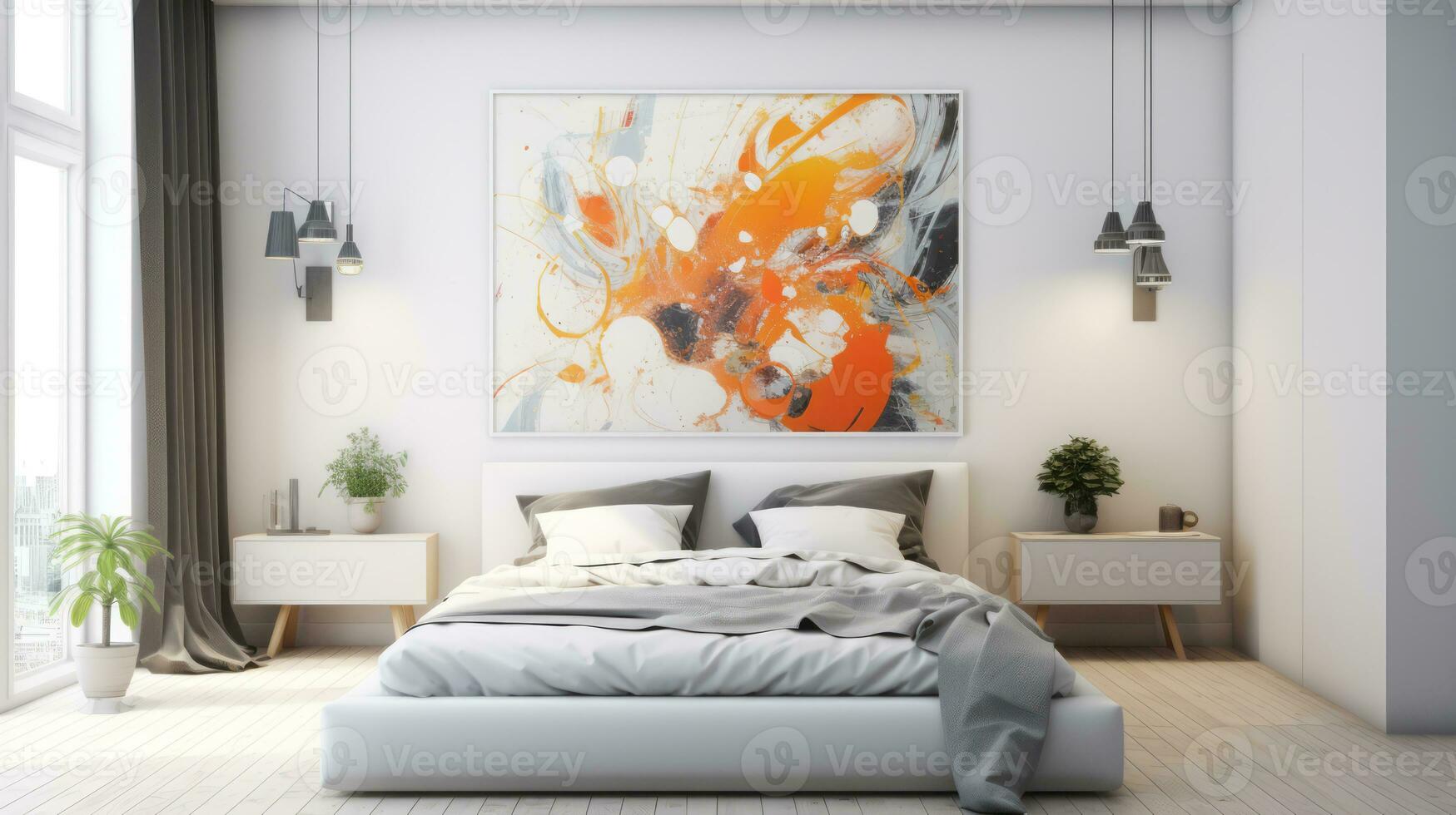 Modern bright bedroom interiors with art wallpaper. AI Generated ... Modern bright bedroom interiors with art wallpaper. AI Generated ...