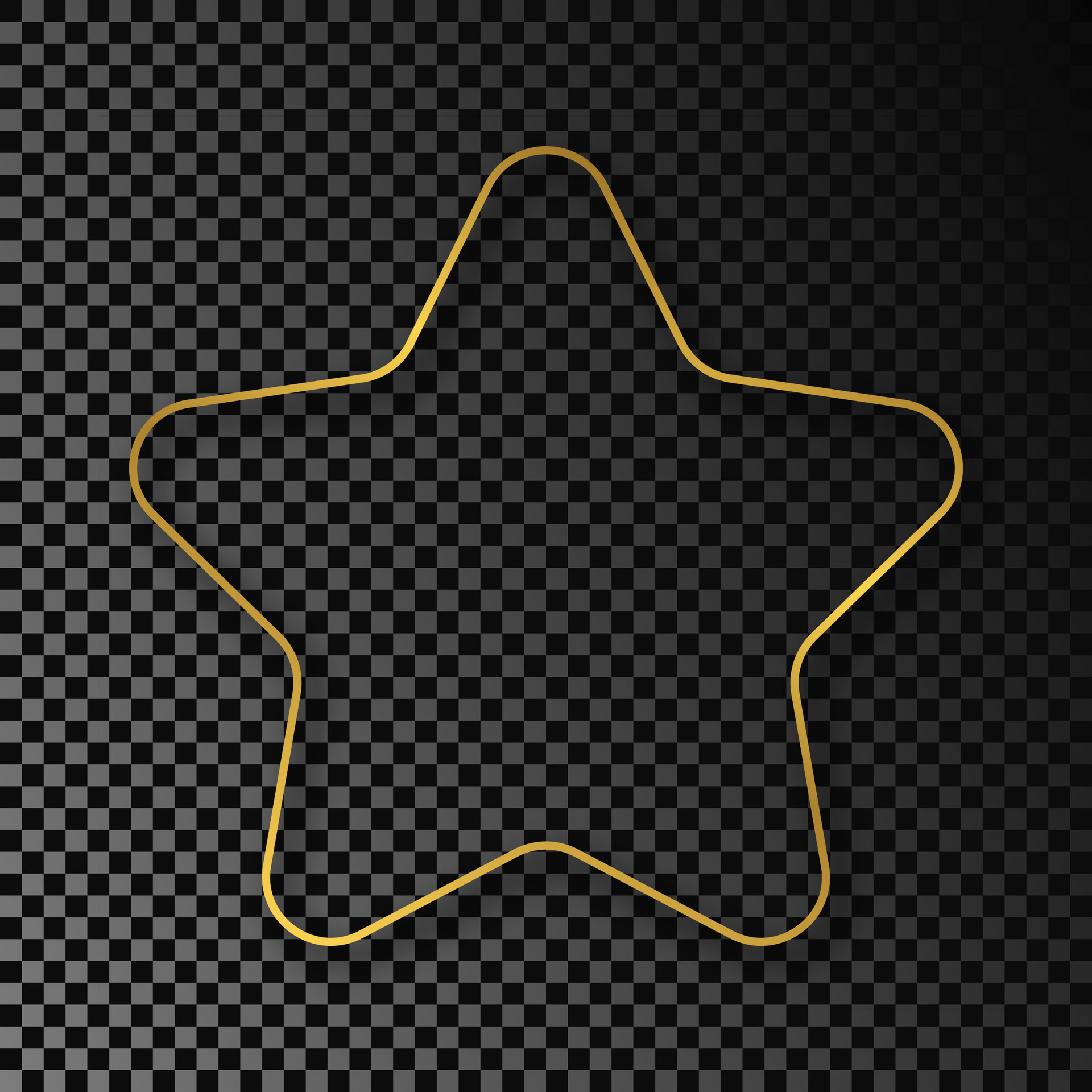 Gold glowing rounded star shape frame with shadow isolated on dark background. Shiny frame with ...